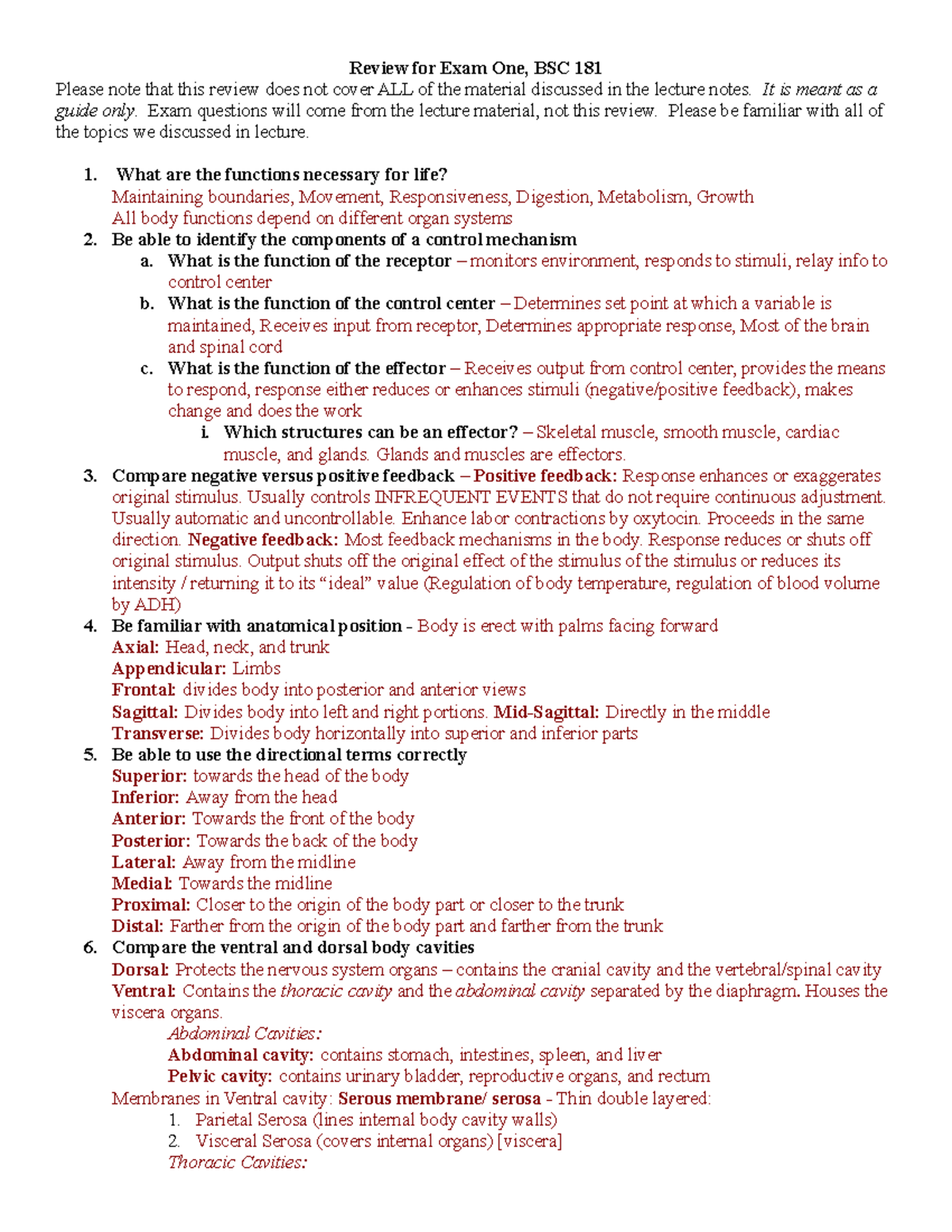 Bsc 181 With Dr. Wargo; Study Guide - Exam 1 - Review for Exam One, BSC ...