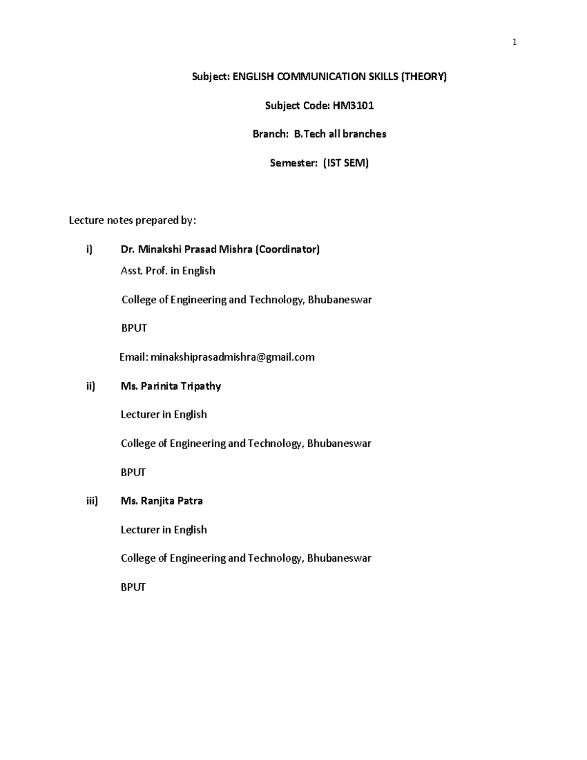 Subject English Communication Skills THE - Subject: ENGLISH ...