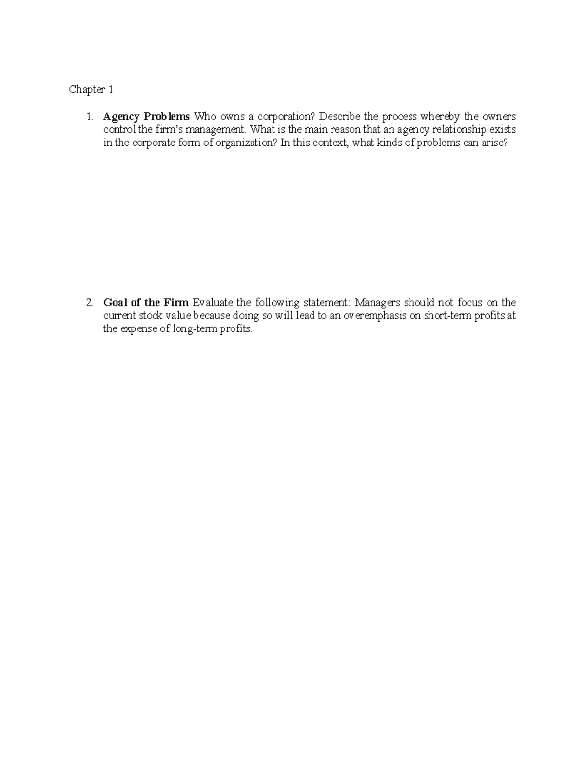 1 - Chap 01 - Introduction - Chapter 1 Agency Problems Who owns a ...