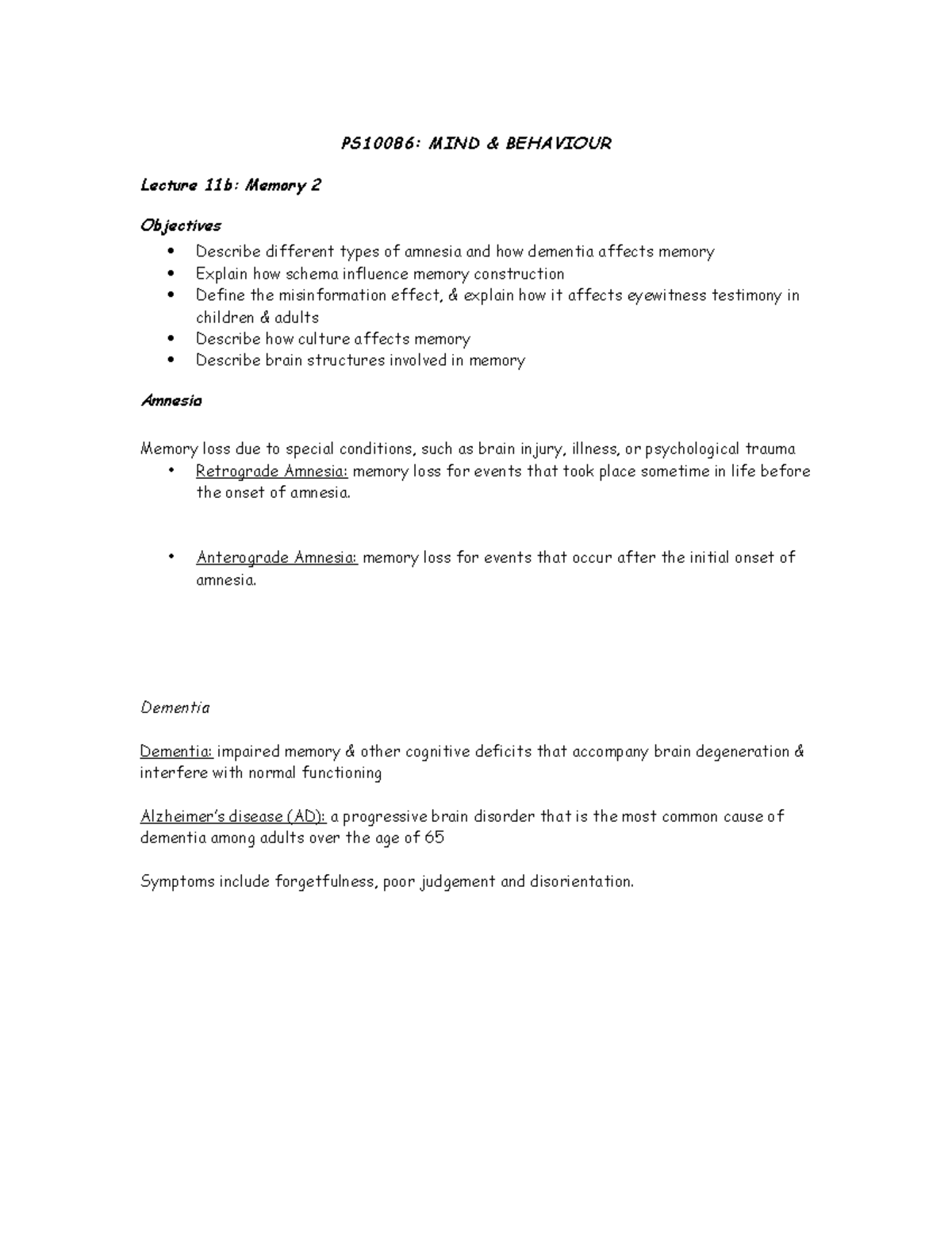 Completed handout for lecture 11b Ian - Memory - PS10086: MIND & BEHAVIOUR Lecture 11b: Memory 2 ...