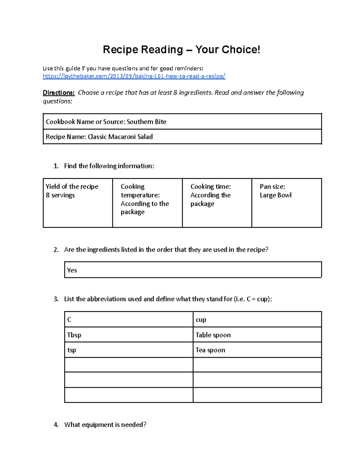 Copy of Recipe Reading – Your Choice - Recipe Reading – Your Choice ...