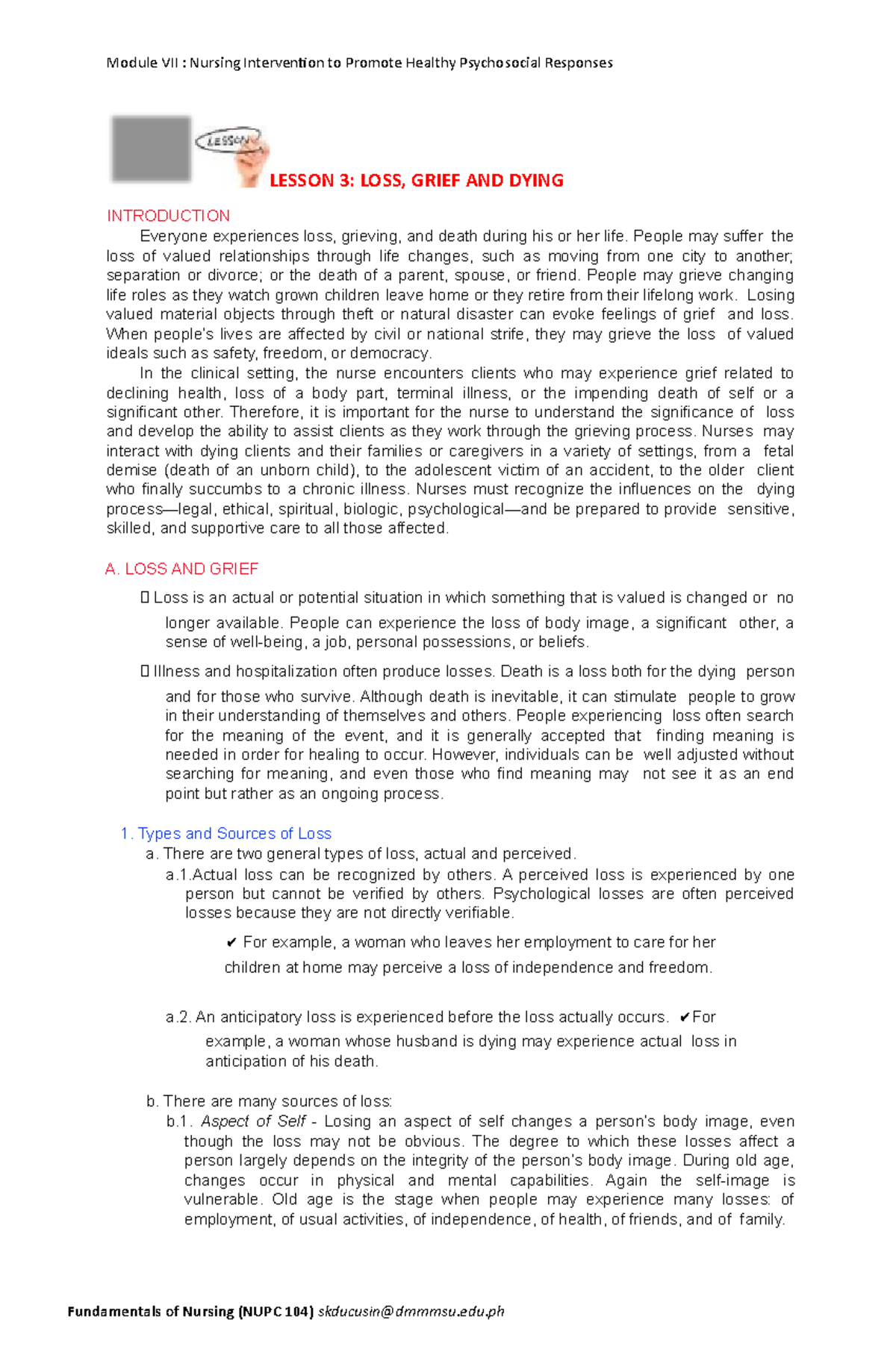 Module 7 lesson 3 LOSS, GRIEF AND DYING - Module VII : Nursing ...