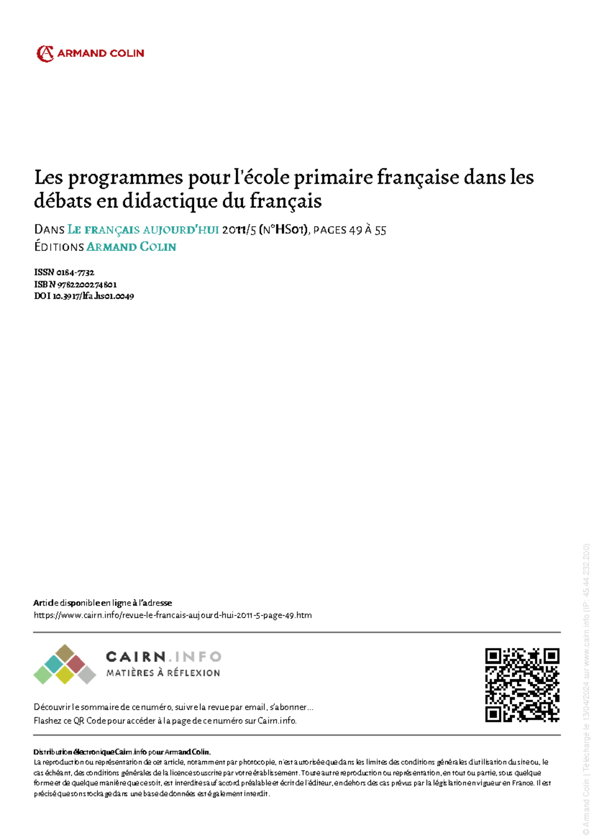 Texte 55 - Les programmes pour l'école primaire française dans les ...