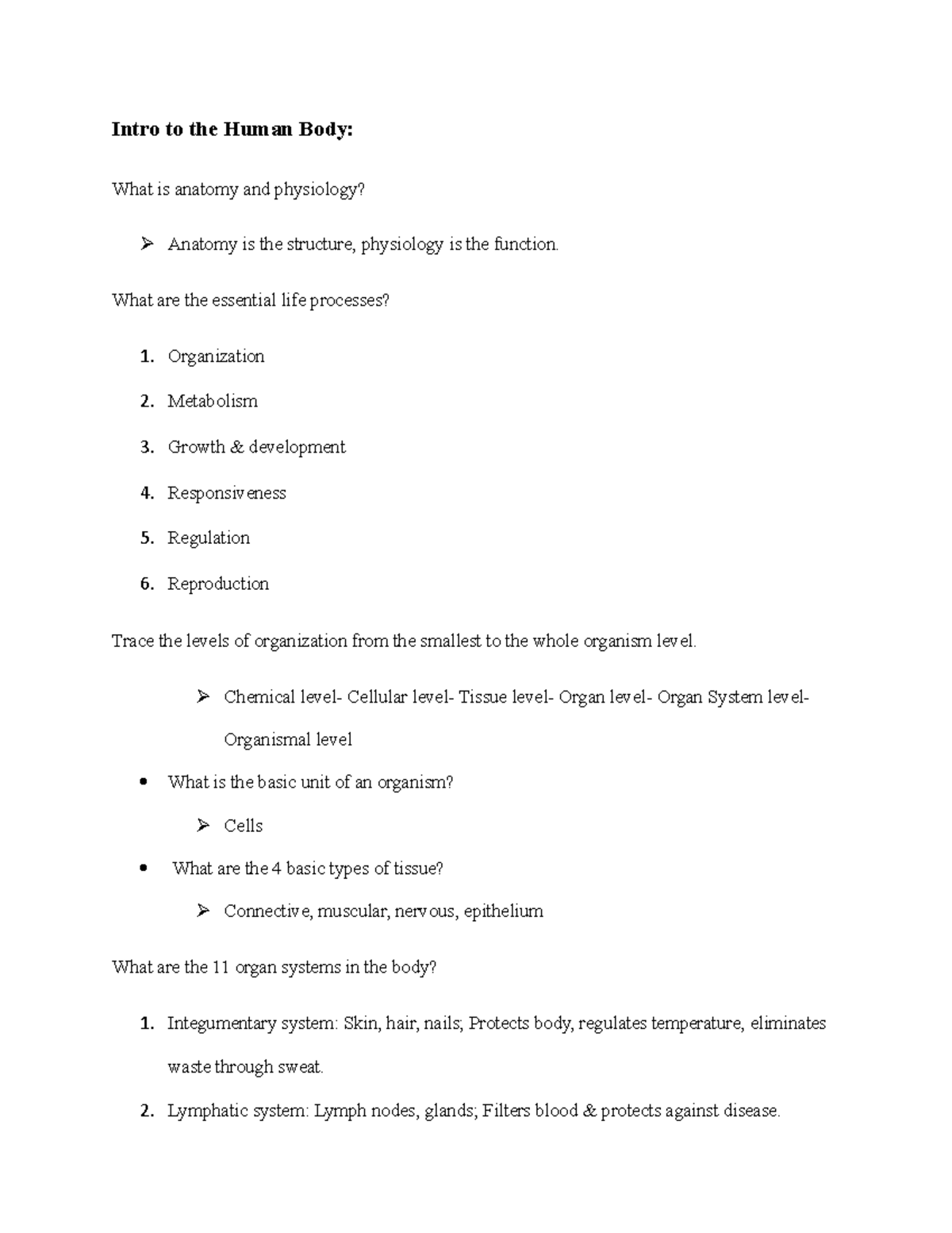 Exam 1 Review Lecture Notes Human Body Biology Of Cell Intro To
