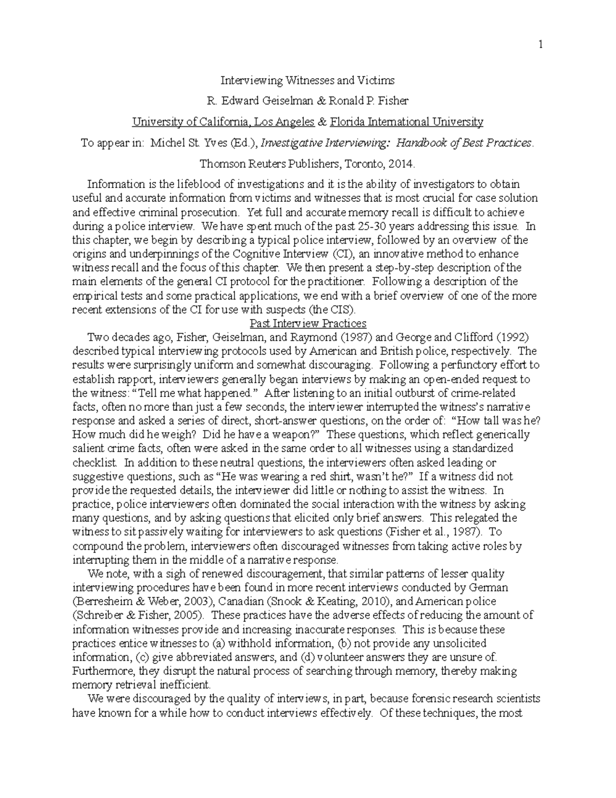 Current CI Research - 1 Interviewing Witnesses and Victims R. Edward ...