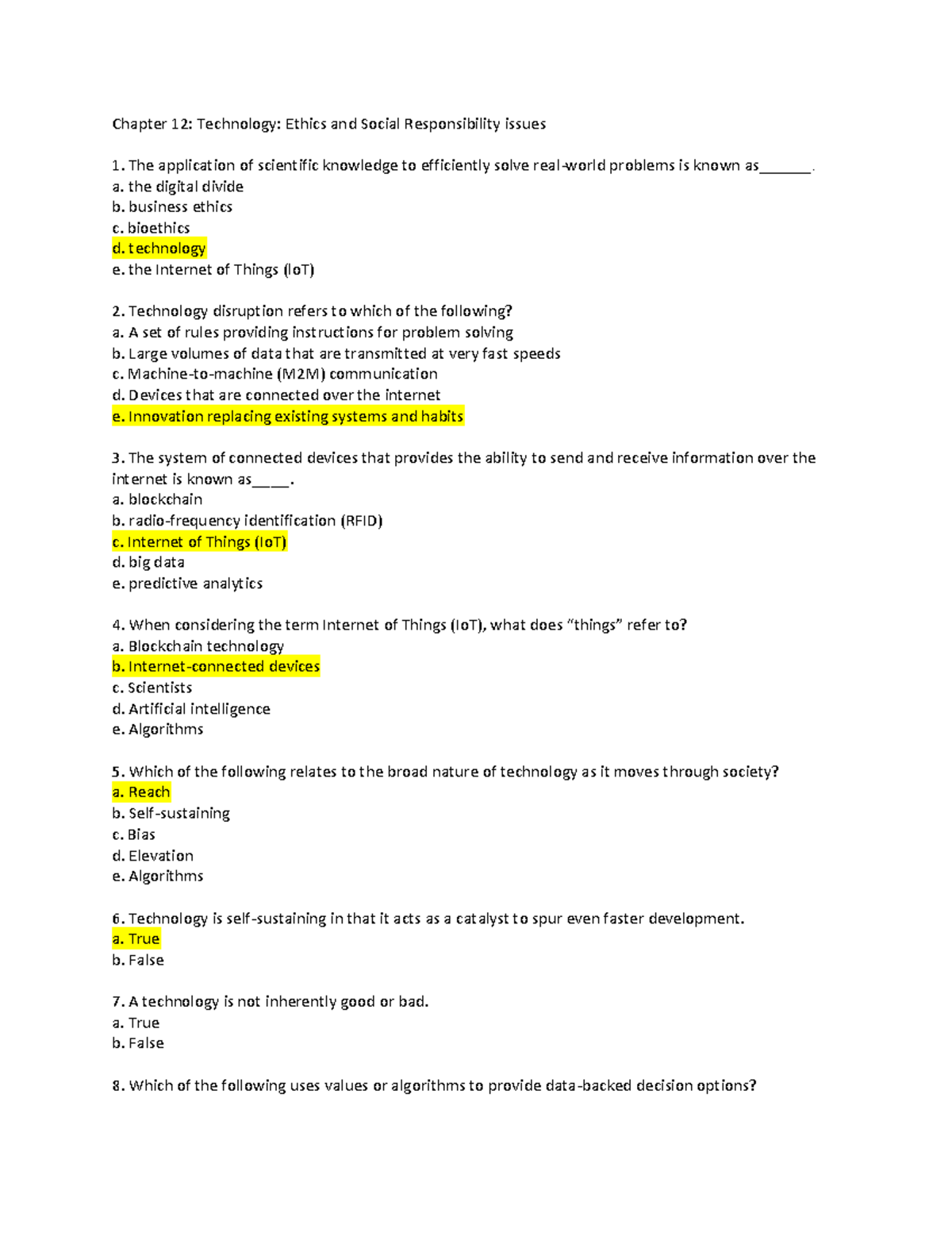Test bank ch12 ethics - Chapter 12: Technology: Ethics and Social ...