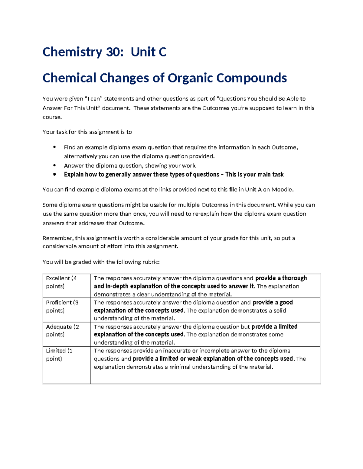 Chemistry 30 Unit C Outcome Analysis With Diploma Questions Released in ...