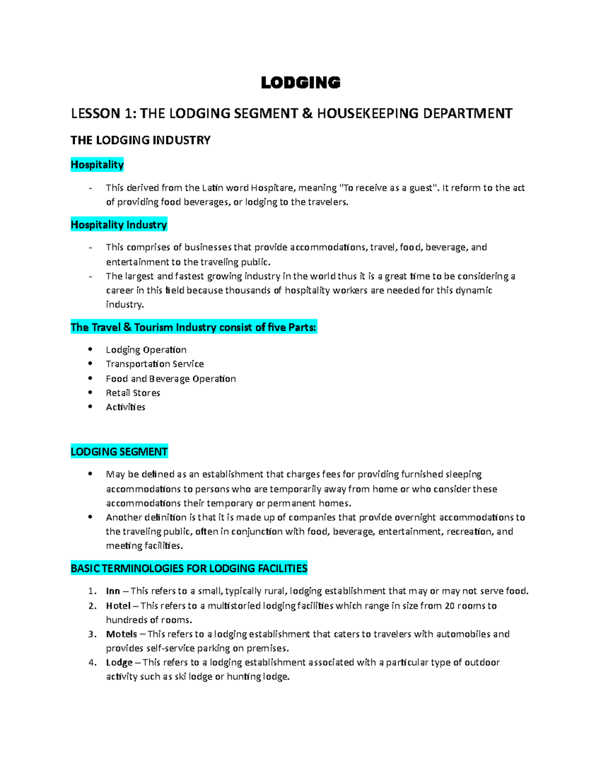 Lodging Operation - 2nd Yr Hospitality Management course review ...