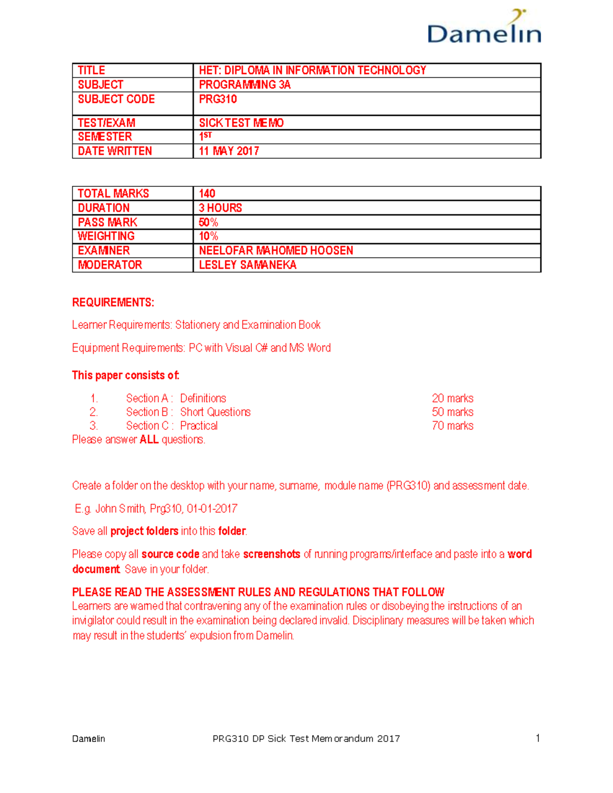 Programming 3A Sick Test Memo - TITLE HET: DIPLOMA IN INFORMATION ...