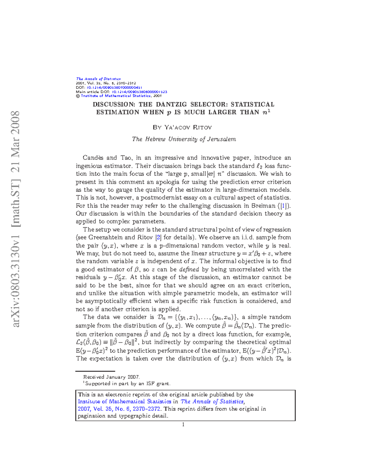 0803 - arXiv:0803 [math] 21 Mar 2008 The Annals of Statistics 2007, Vol ...