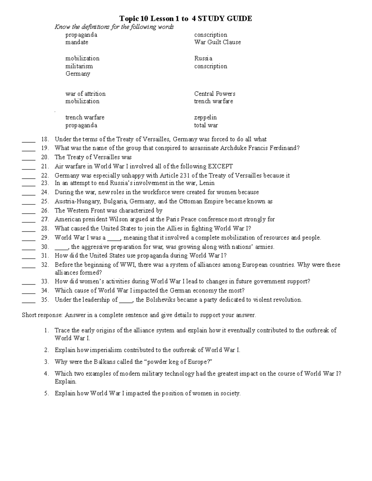 Topic 10 Study Guide 2 - Topic 10 Lesson 1 to 4 STUDY GUIDE Know the ...