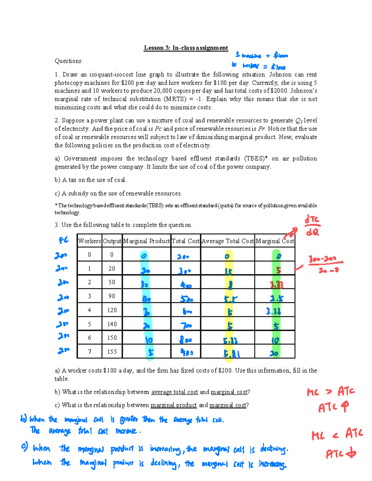 Week+3 HW for student - Lesson 3 : In-class assignment Questions: Draw an isoquant-isocost line ...
