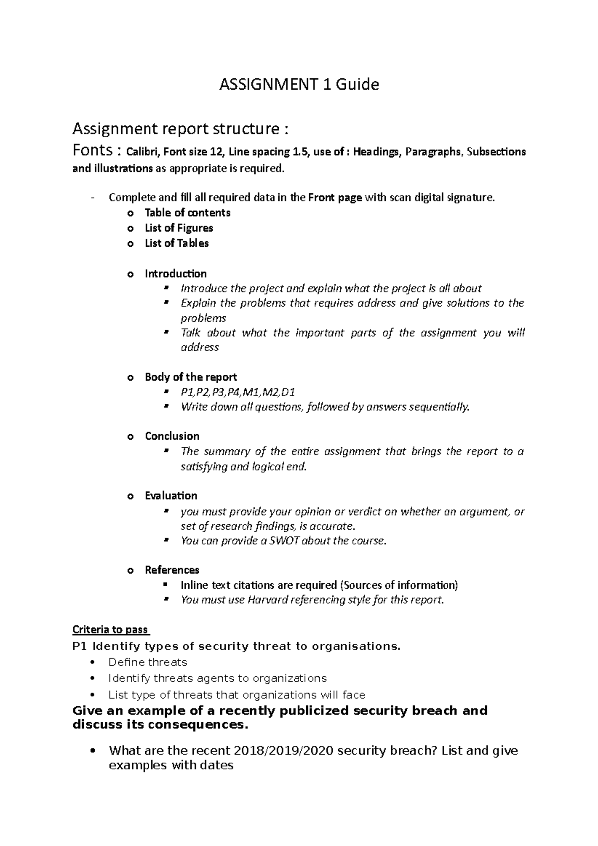 Unit-5 Security ASM1-Guide - ASSIGNMENT 1 Guide Assignment report structure : Fonts : Calibri ...