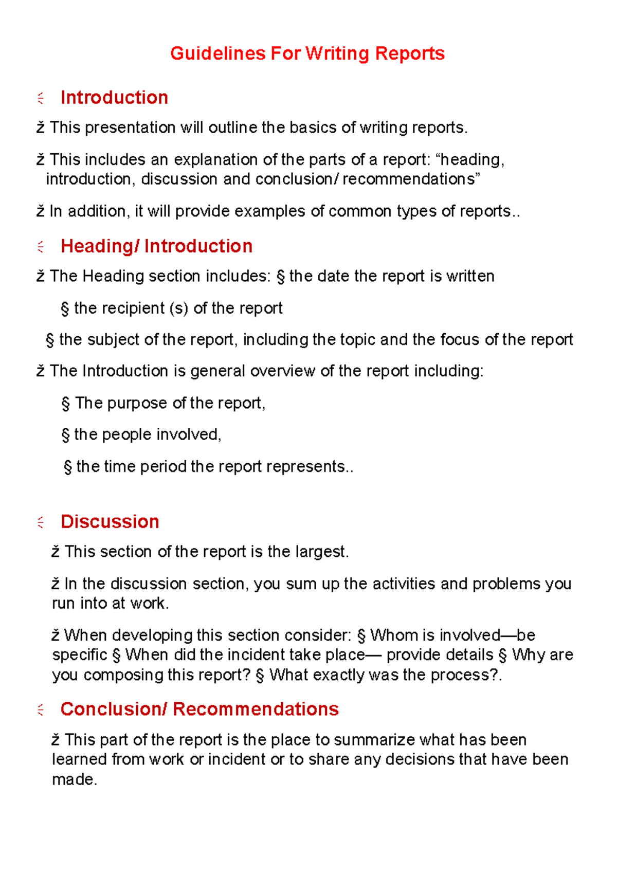 Guidelines For Writing Reports - ž This includes an explanation of the ...