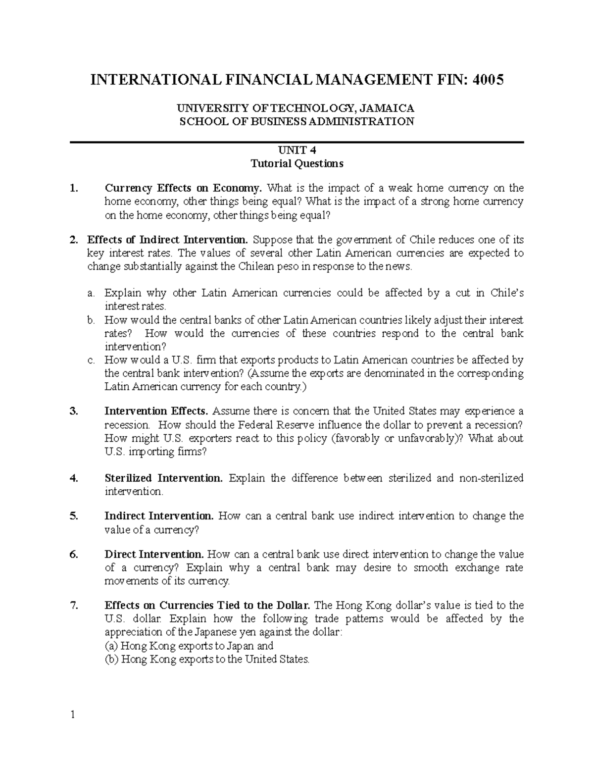 Fin 4005 IFM Unit 4 Tutorial - INTERNATIONAL FINANCIAL MANAGEMENT FIN ...