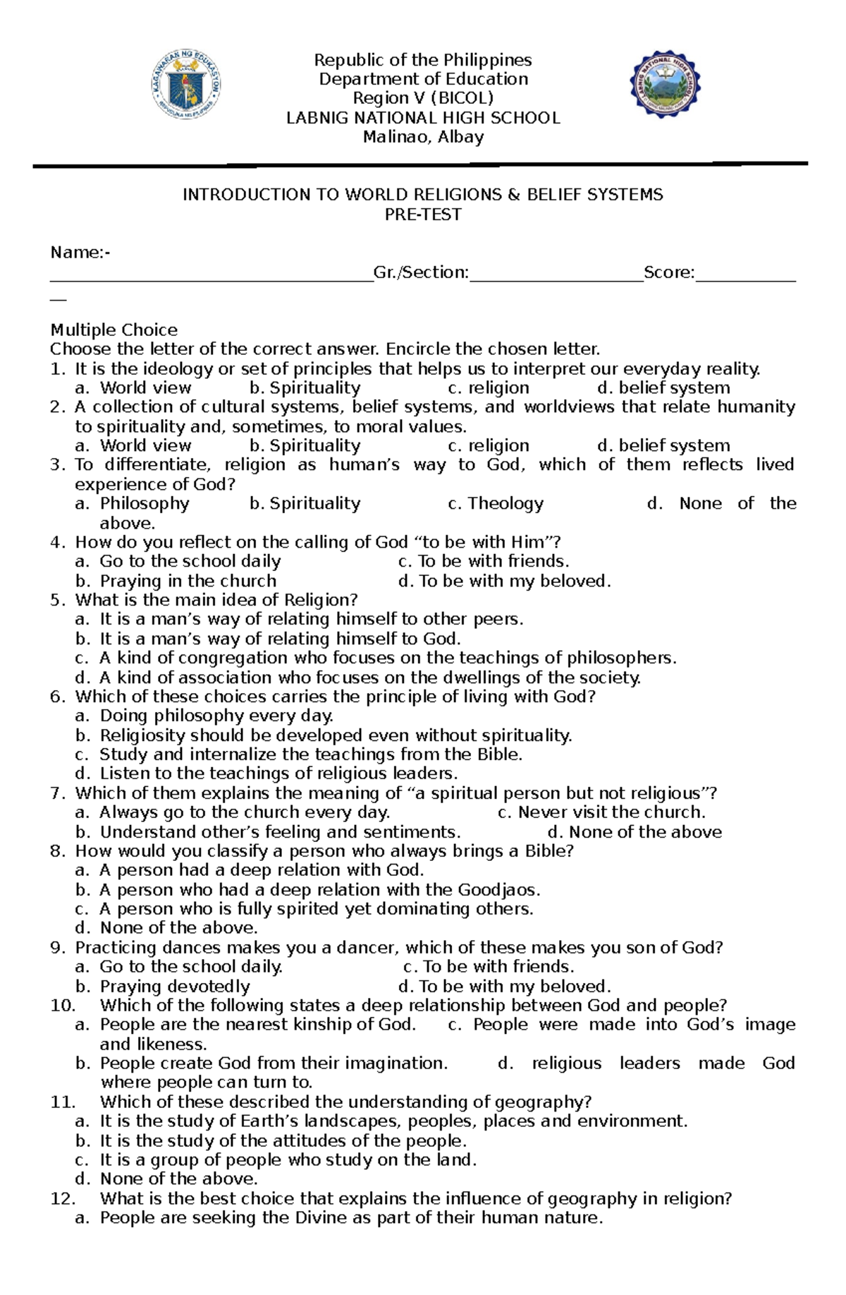 Intro TO World Religions PRE-TEST - Republic of the Philippines ...