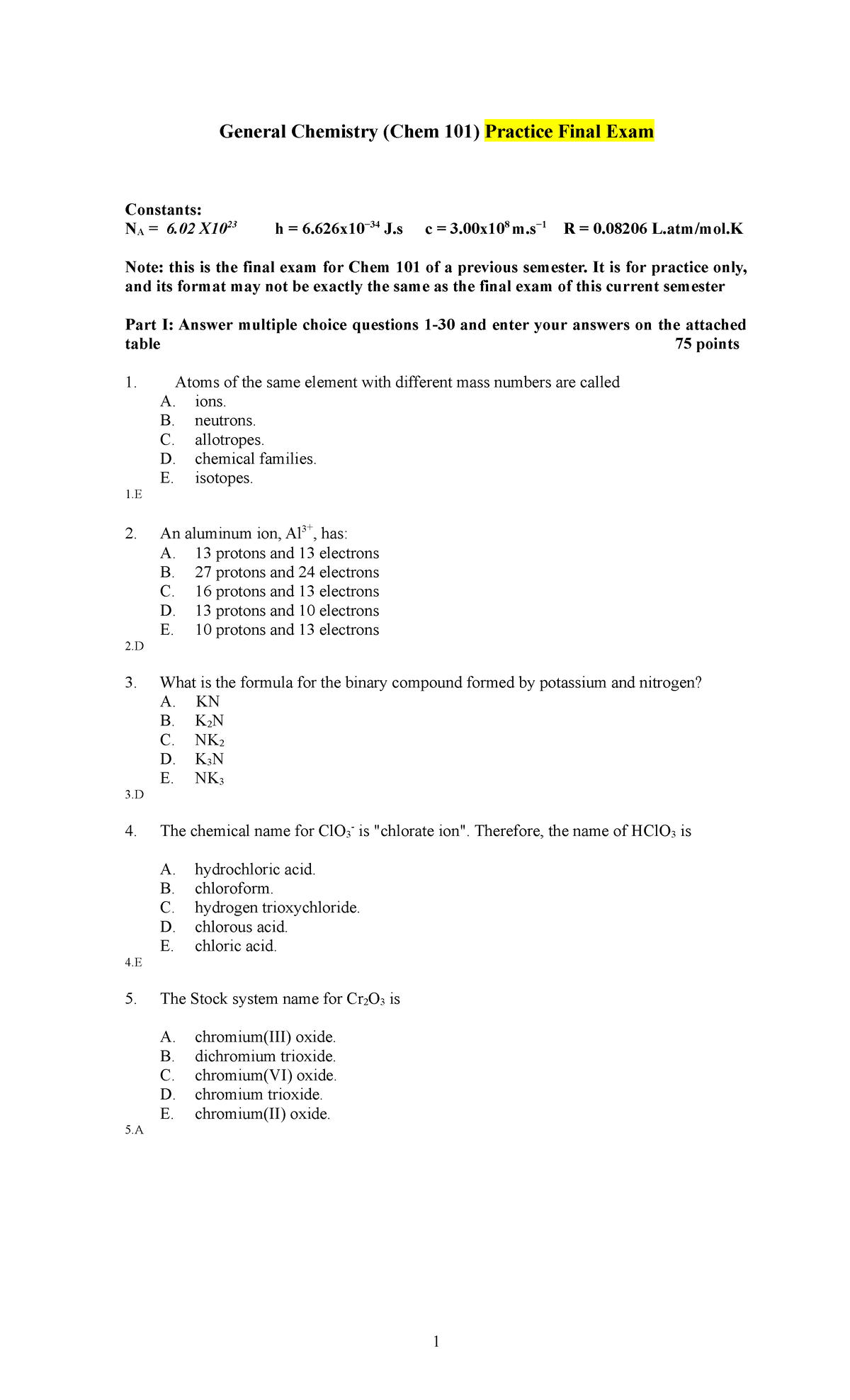EXAM Practice Final - exam revision with answers - General Chemistry ...