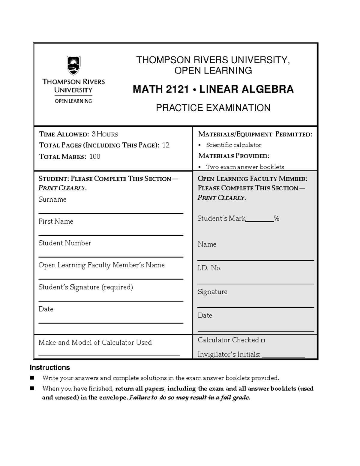 MATH2121 PE - practice exam - THOMPSON RIVERS UNIVERSITY, OPEN LEARNING MATH 2121 • LINEAR ...