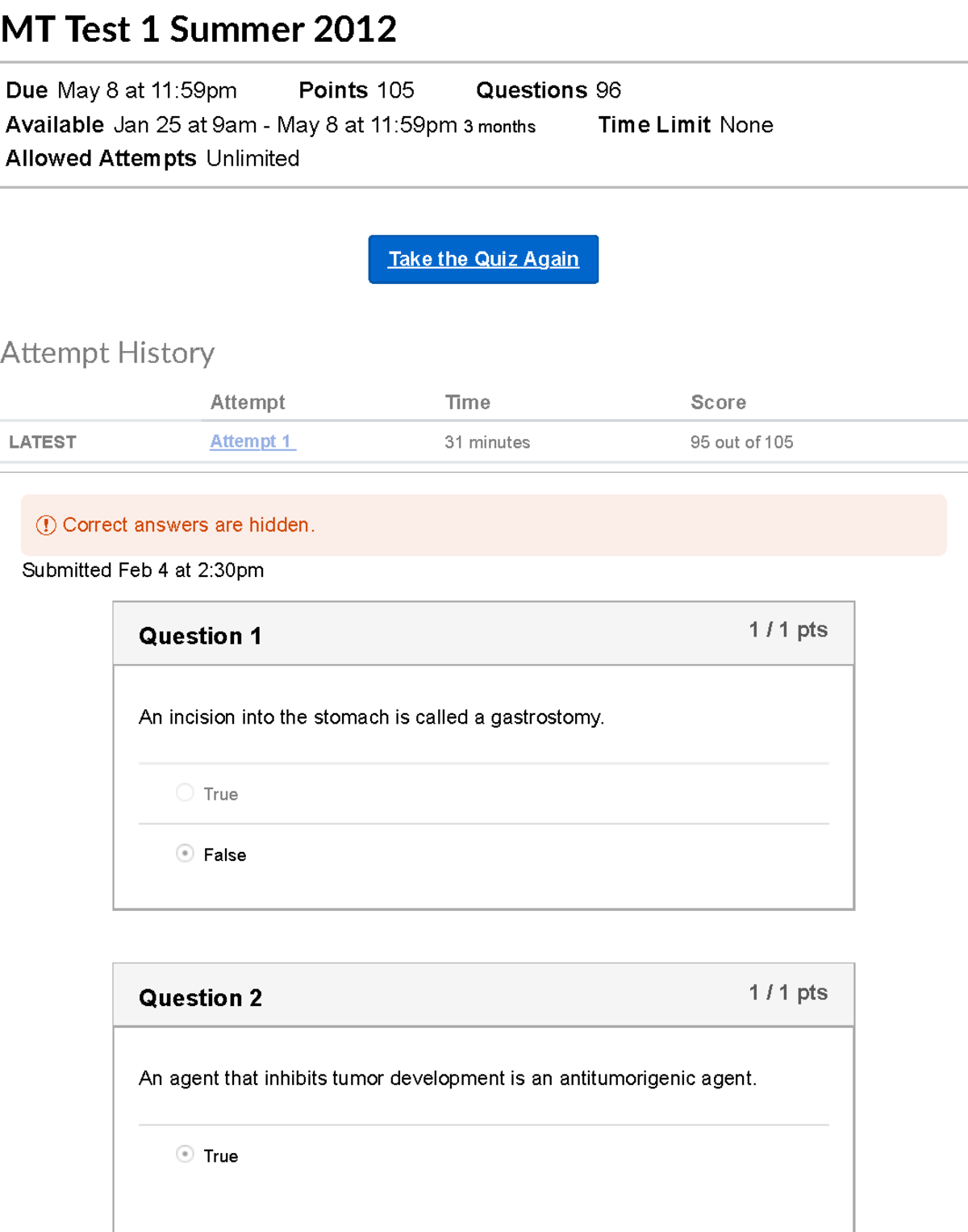 Test 1 Summer 2012, questions and answers - MT Test 1 Summer 2012 Due ...
