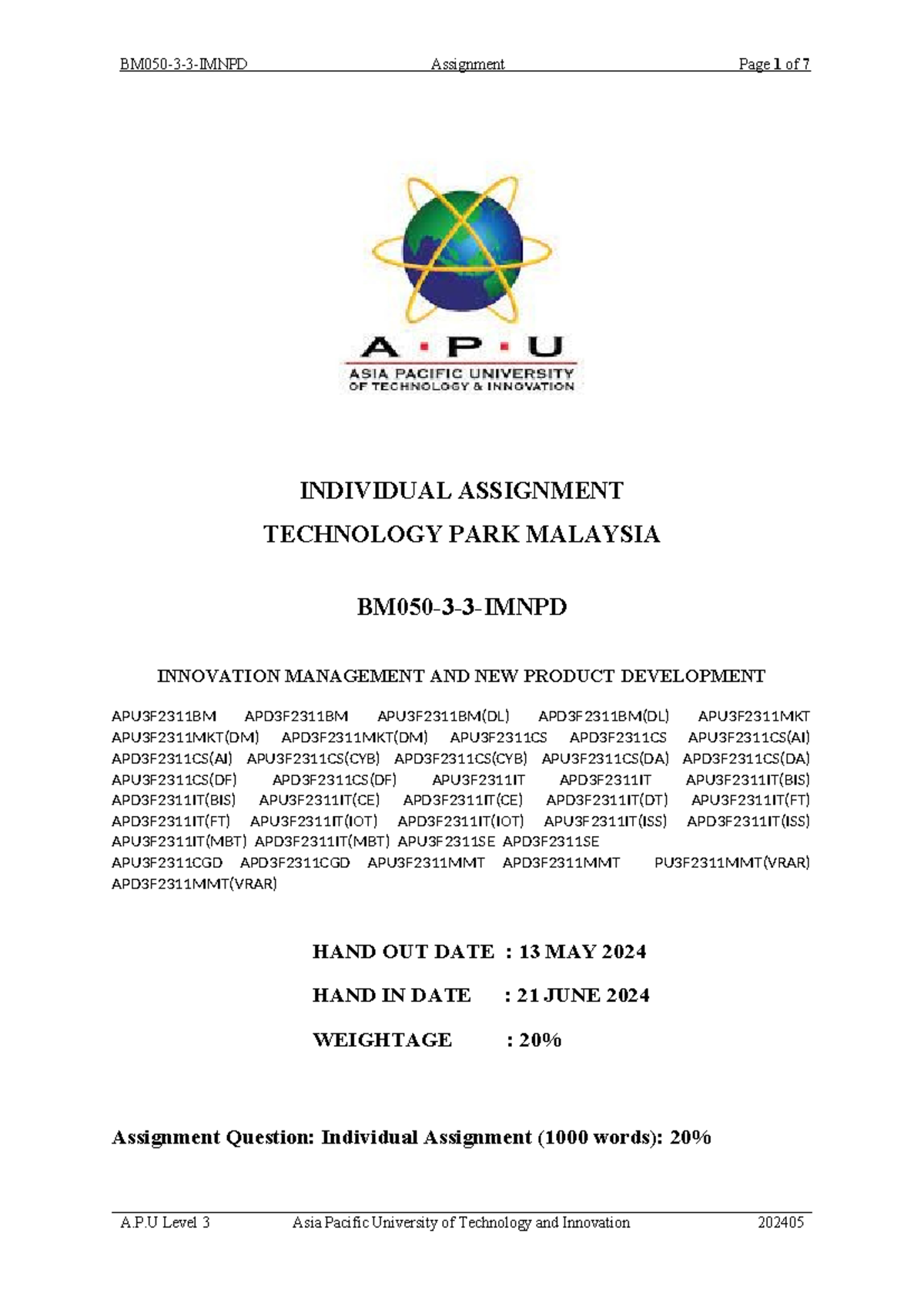 Imnpd Individual May 2024 - INDIVIDUAL ASSIGNMENT TECHNOLOGY PARK ...