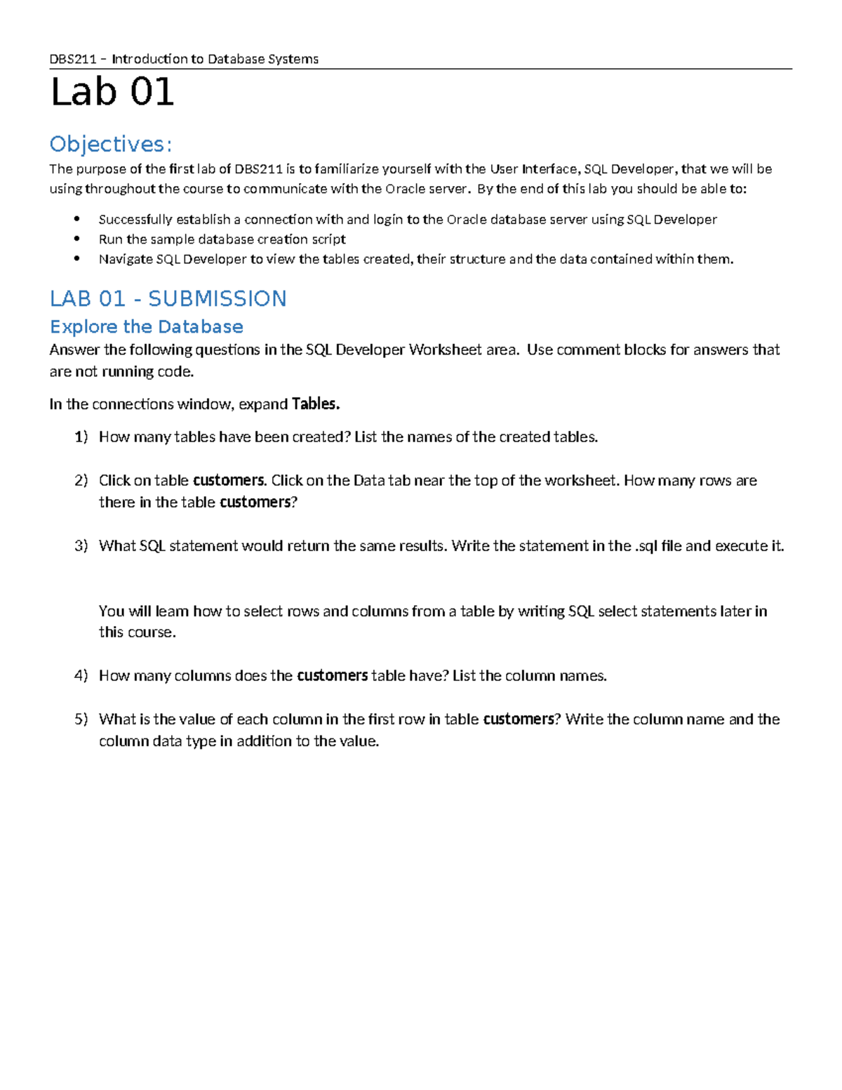 DBS211 Lab01 Intro - question lab - DBS211 – Introduction to Database Systems Lab 01 Objectives ...