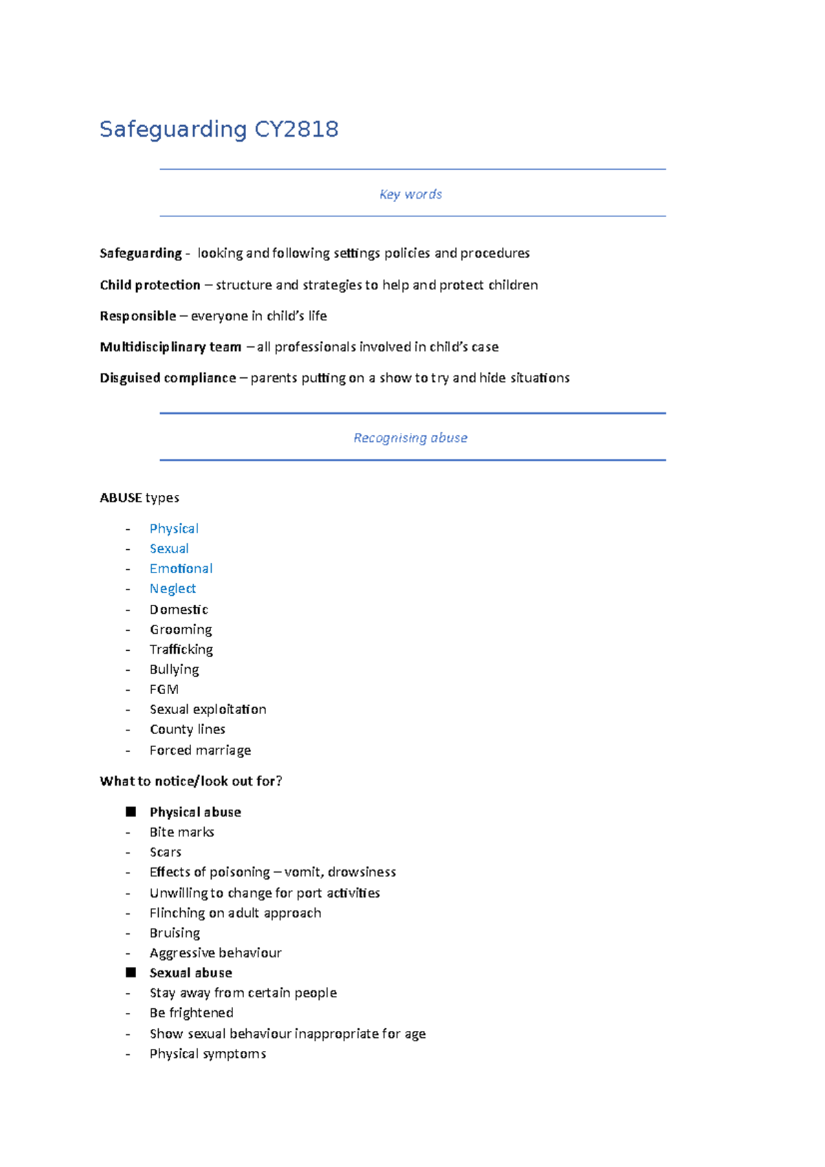 Notes Safeguarding CY2818 - Safeguarding CY Key words Safeguarding ...