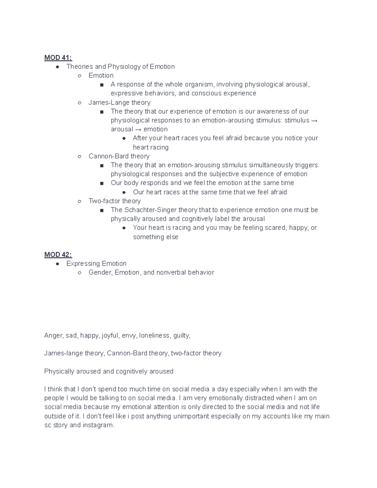 Psych notes mod 41-44 - MOD 41: Theories and Physiology of Emotion ...