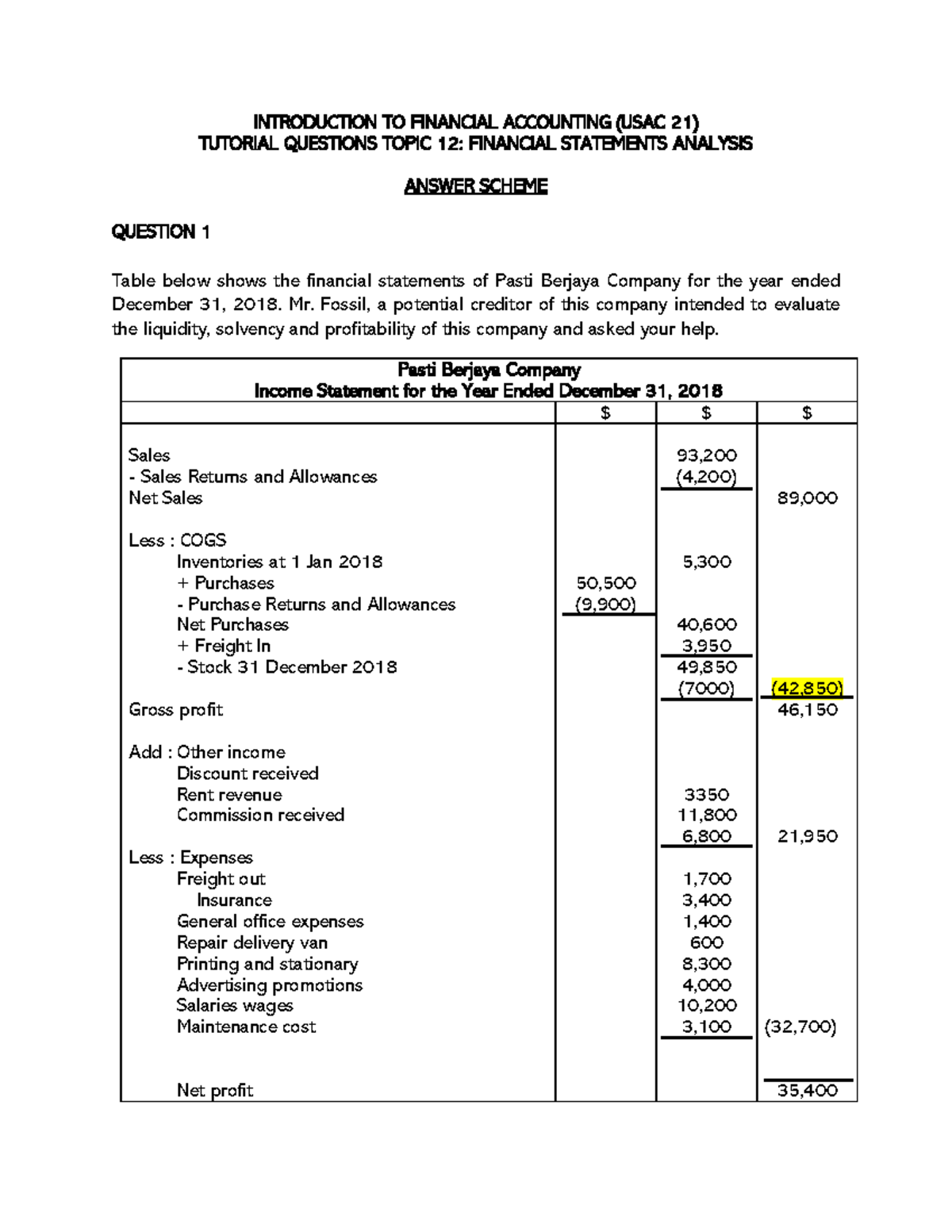 Tutorial Questions Topic 12 ( Answers) - Financial Statement Analysis ...
