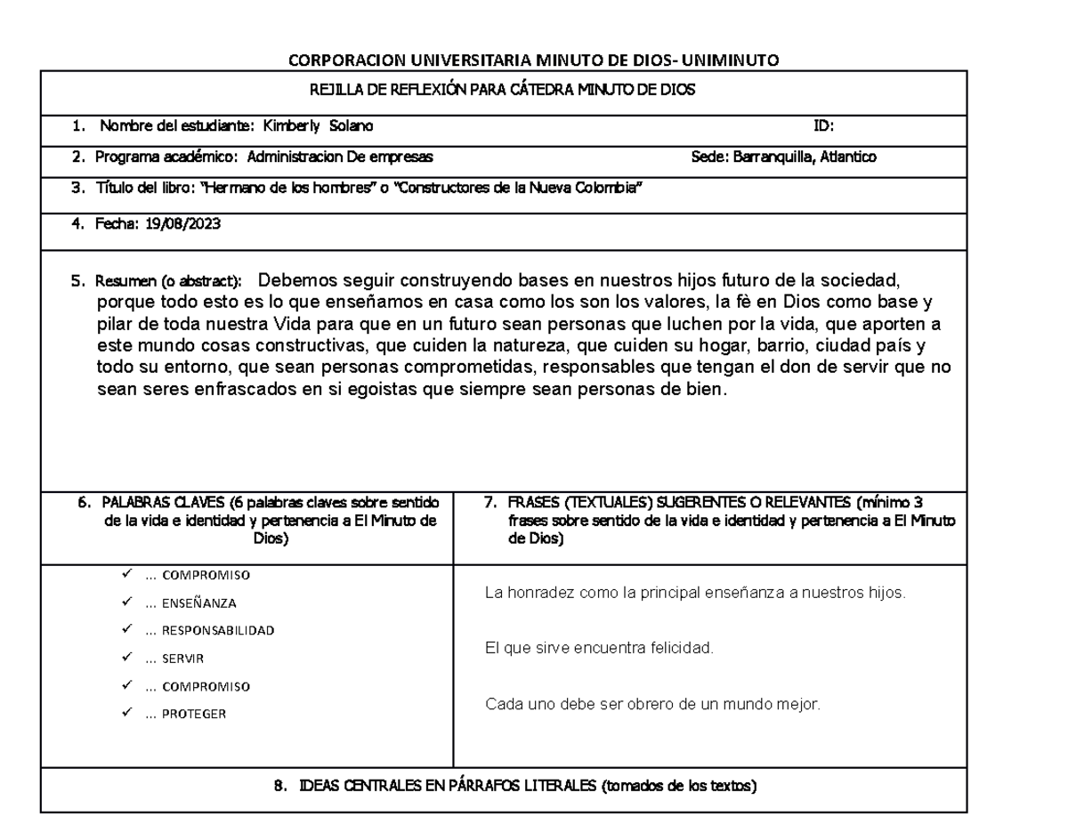 Rejilla Kimberly Solano - REJILLA DE REFLEXIÓN PARA CÁTEDRA MINUTO DE ...