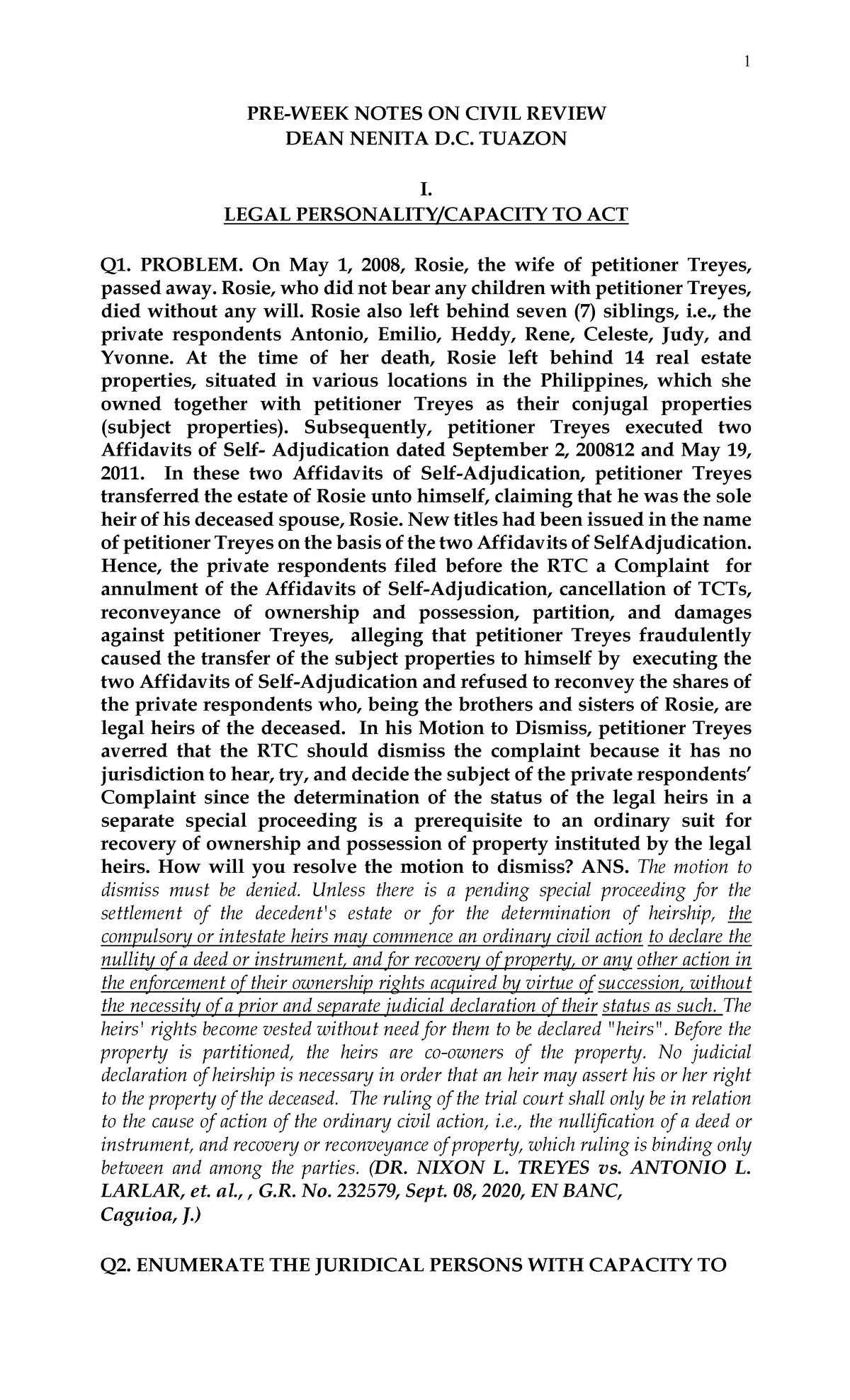 Civil Law Reviewer Notes - PRE-WEEK NOTES ON CIVIL REVIEW DEAN NENITA D ...