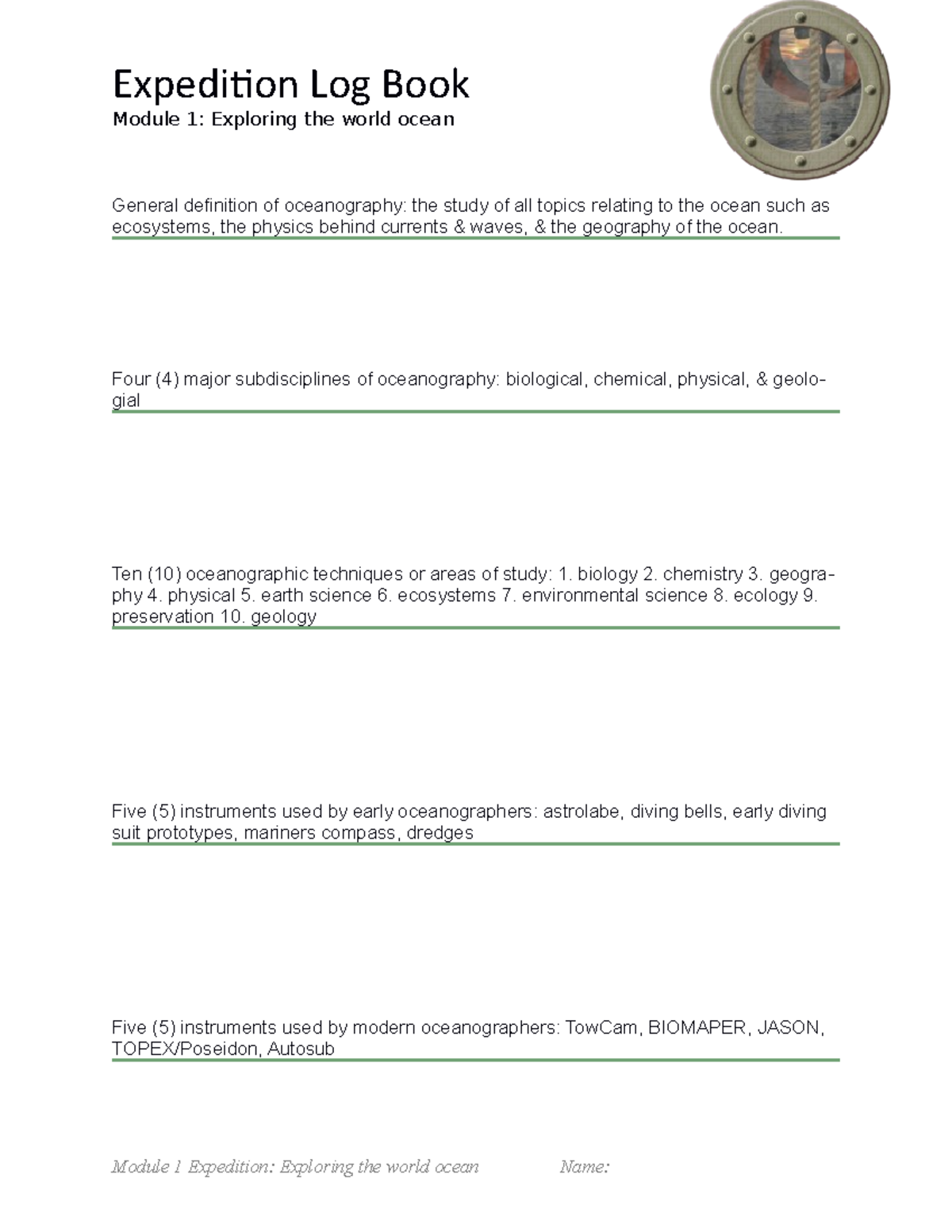 Log Book 1 - Expedition Log Book Module 1: Exploring the world ocean ...