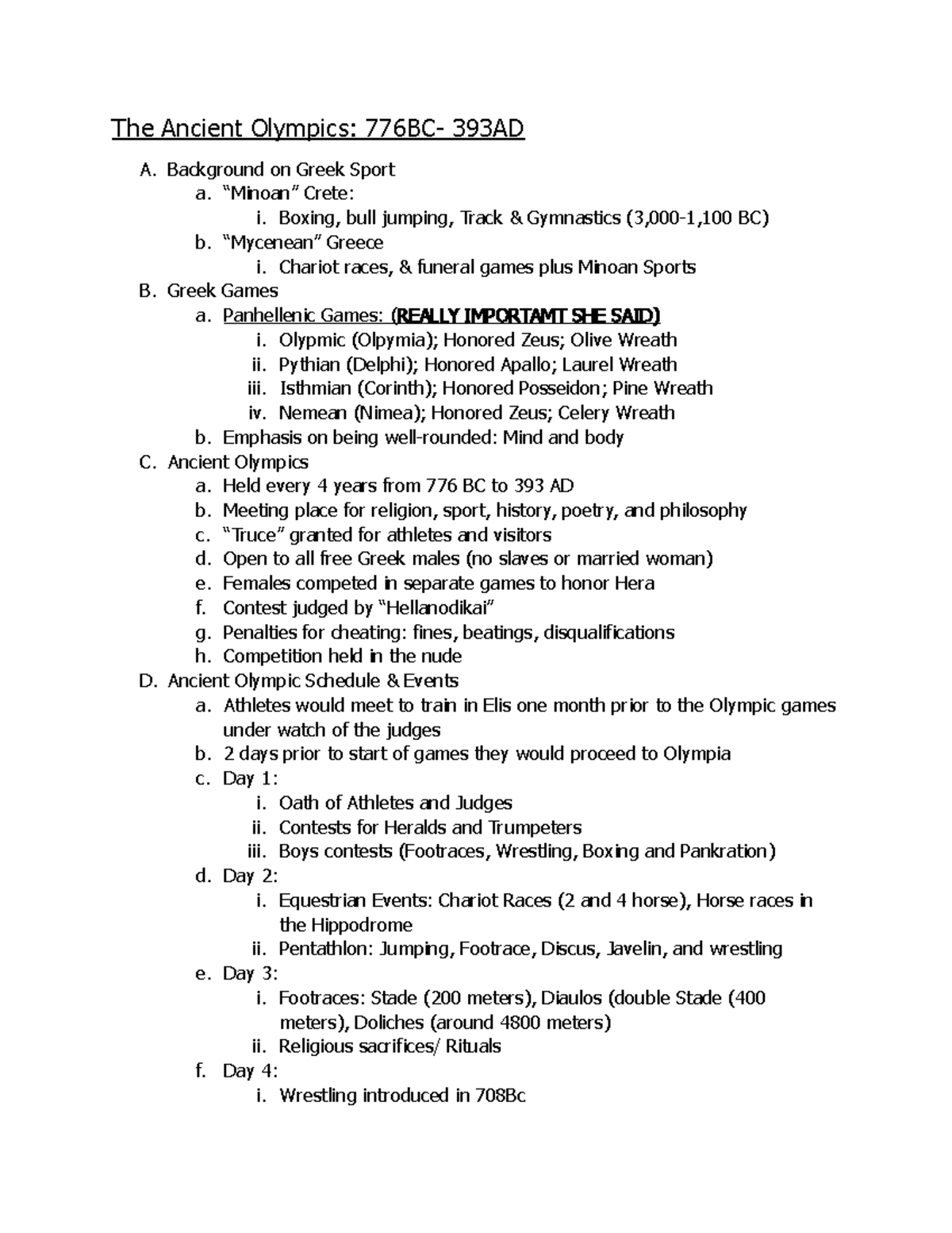 Ancient Olympics - Lecture notes 1 - The Ancient Olympics: 776BC- 393AD ...