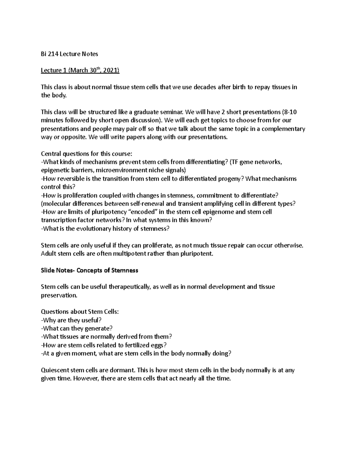 Bi 214 Lecture Notes - Bi 214 Lecture Notes Lecture 1 (March 30th, 2021 ...