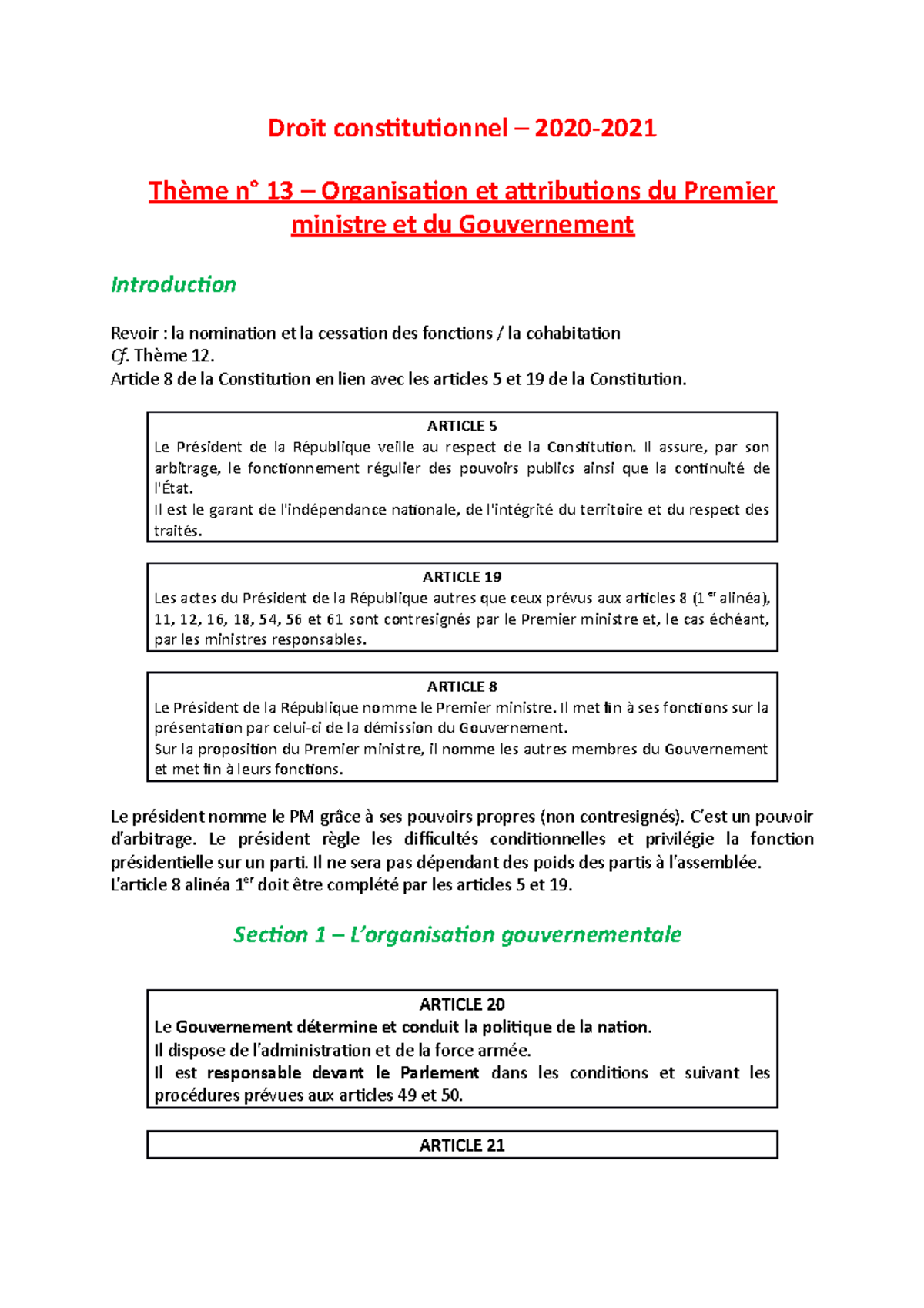 Thème 13 - Organisation et attributions du Premier ministre et du ...
