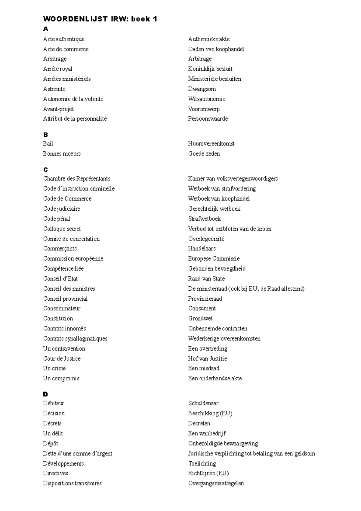 IRW Franse Woordenlijst - WOORDENLIJST IRW: boek 1 A Acte authentique ...