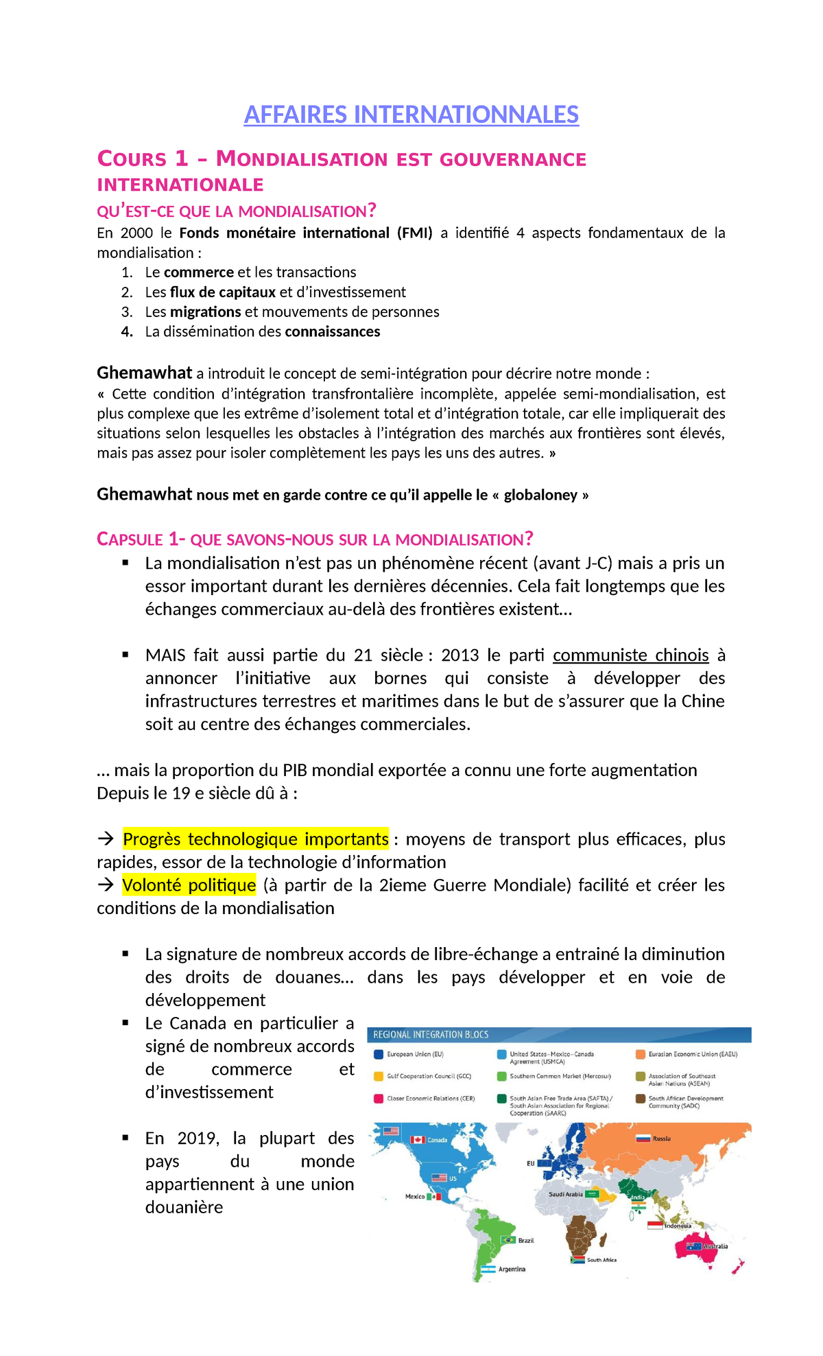 Notes DE Cours - AFFAIRES INTERNATIONNALES COURS 1 – MONDIALISATION EST ...