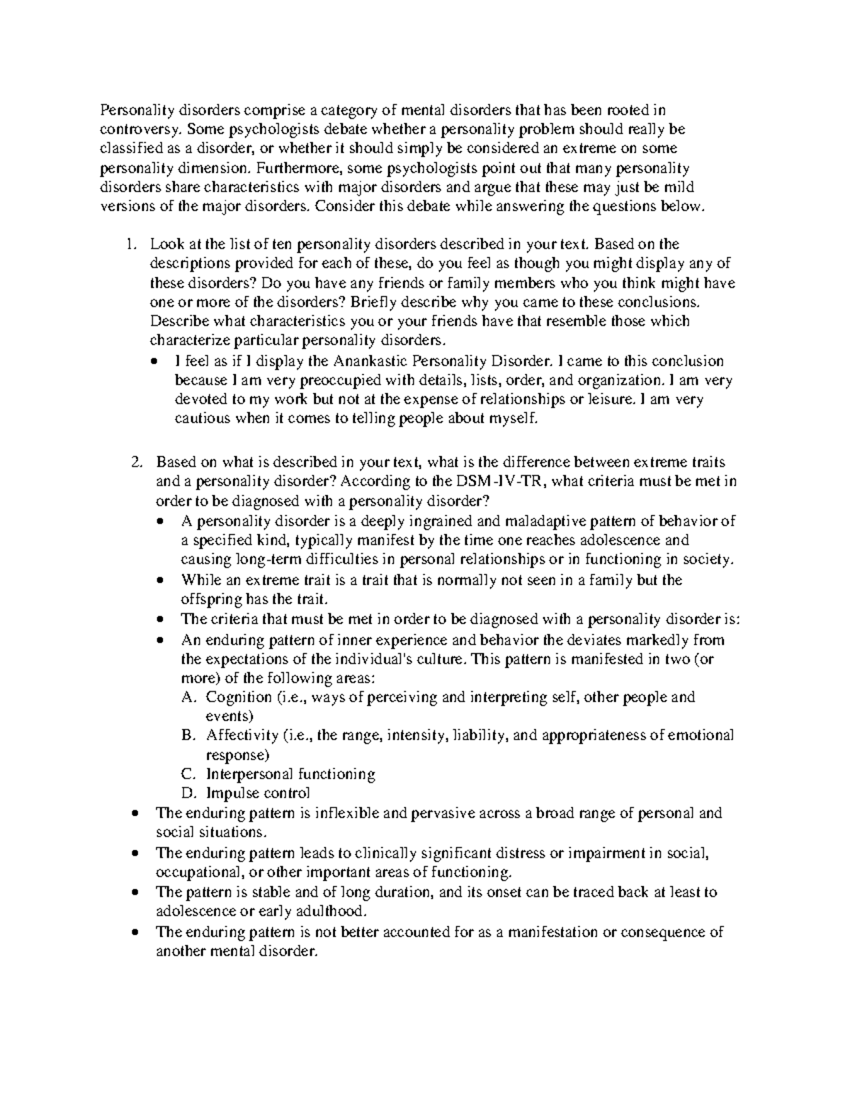 Personality Disorder Worksheet - Personality disorders comprise a ...