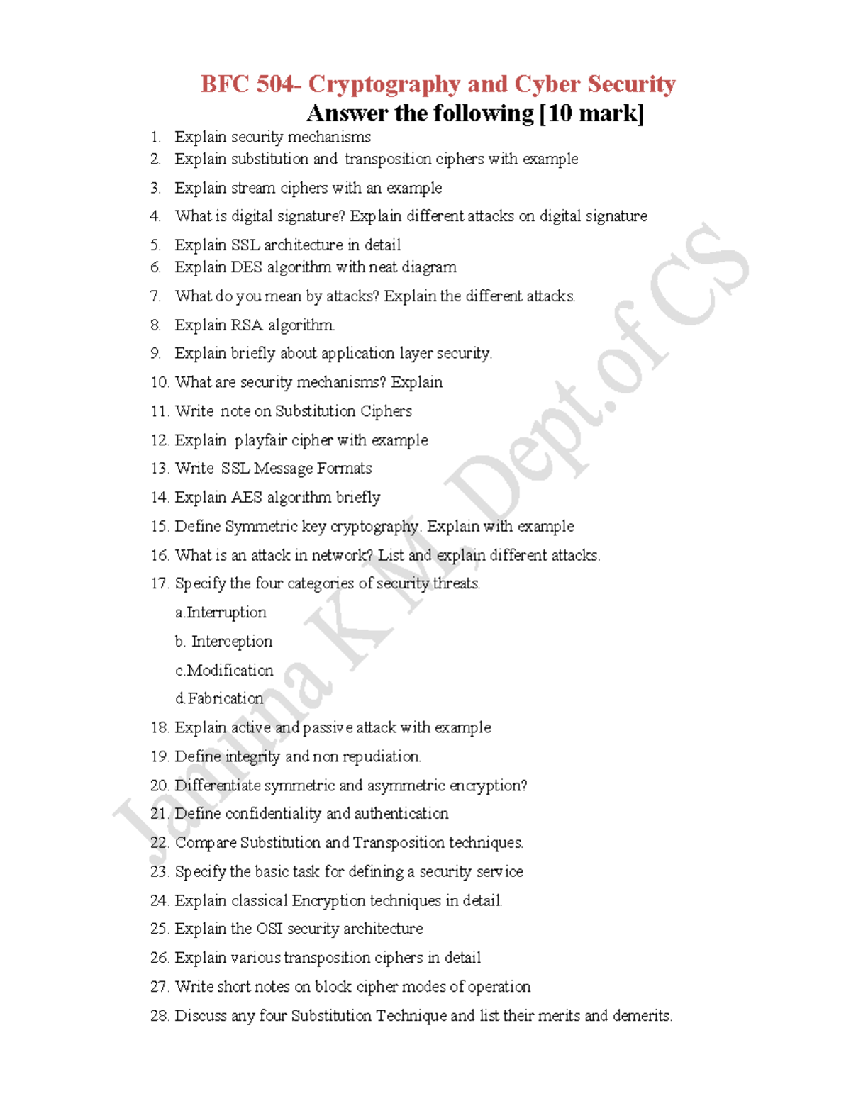 All unit 10 mark questions 5 - BFC 504- Cryptography and Cyber Security Answer the following [10 ...