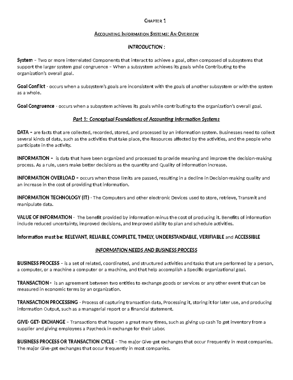AIS Chapter 1-2 - AIS! - CHAPTER 1 ACCOUNTING INFORMATION SYSTEMS: AN OVERVIEW INTRODUCTION ...