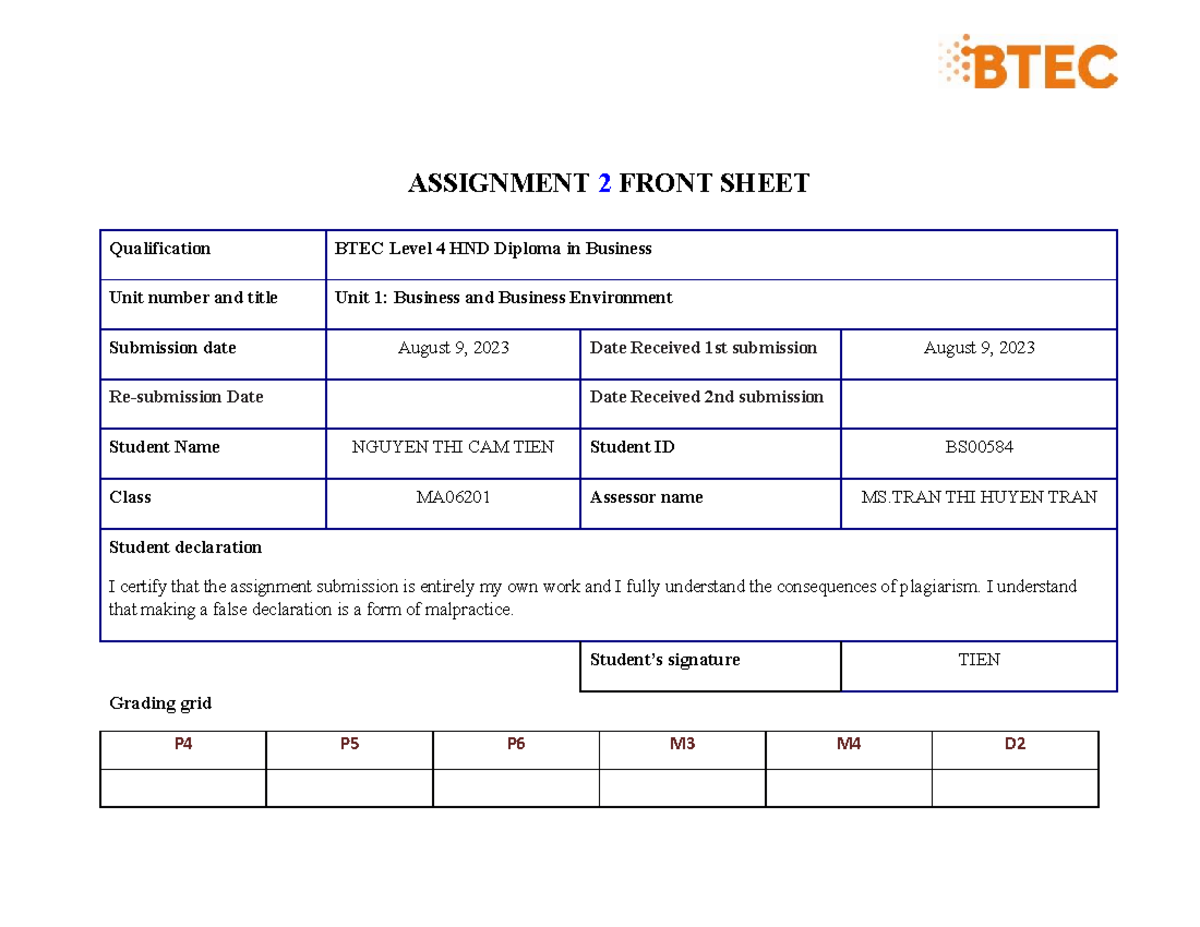 ASM2 BBE Nguyen Thi Cam Tien BS00584 - ASSIGNMENT 2 FRONT SHEET ...