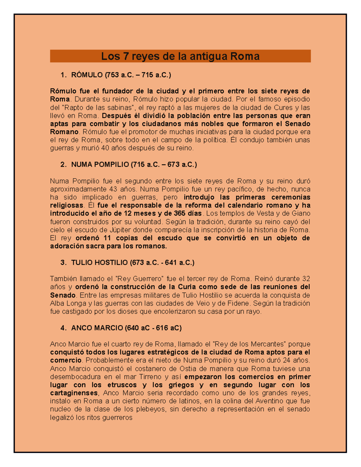Los 7 reyes de la antigua Roma - RÓMULO (753 a. – 715 a.) Rómulo fue el ...