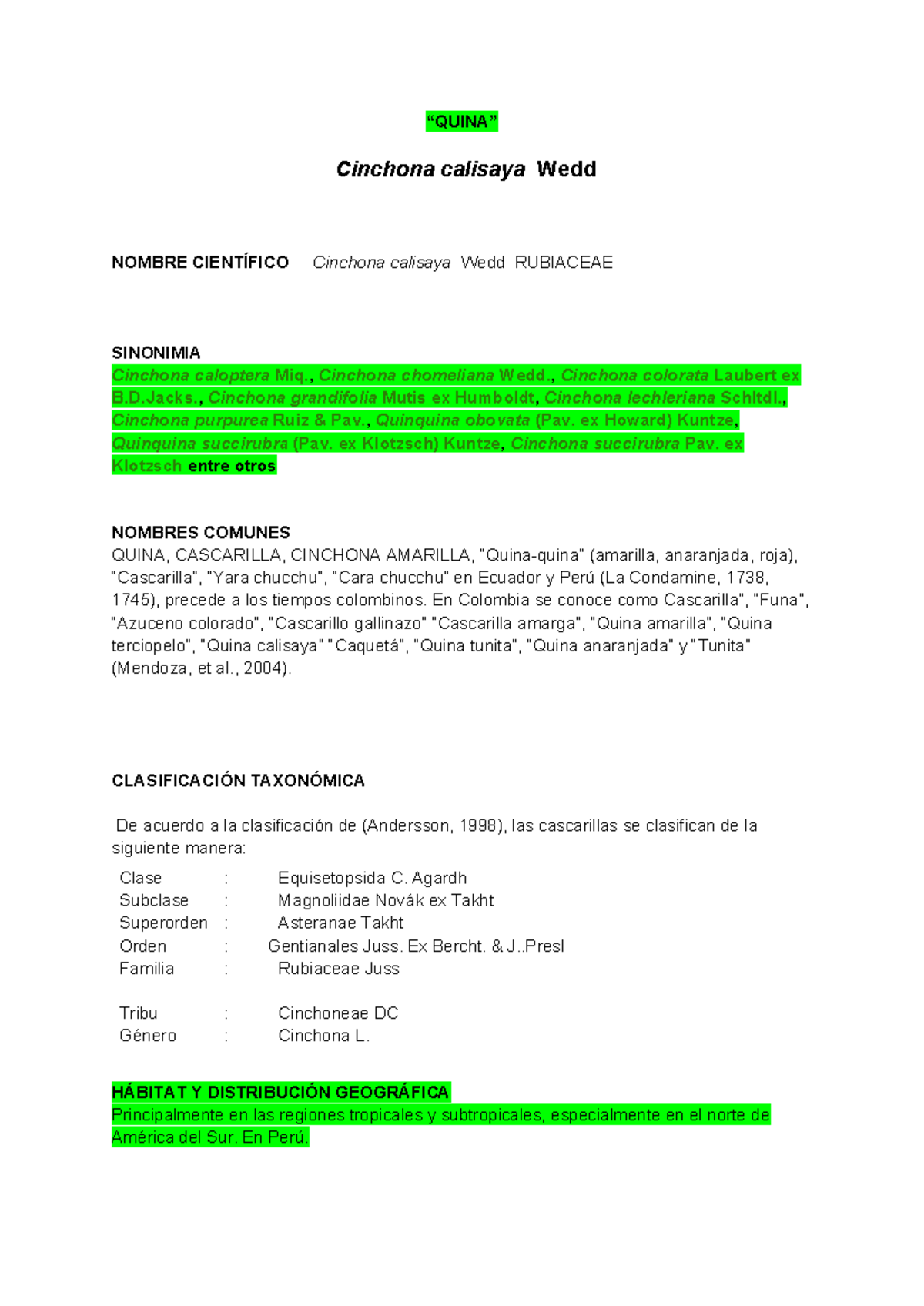 Quina - “QUINA” Cinchona calisaya Wedd NOMBRE CIENTÍFICO Cinchona ...