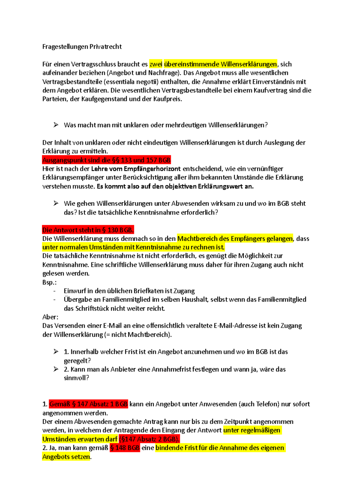 Fragestellungen Privatrecht - Das Angebot muss alle wesentlichen ...