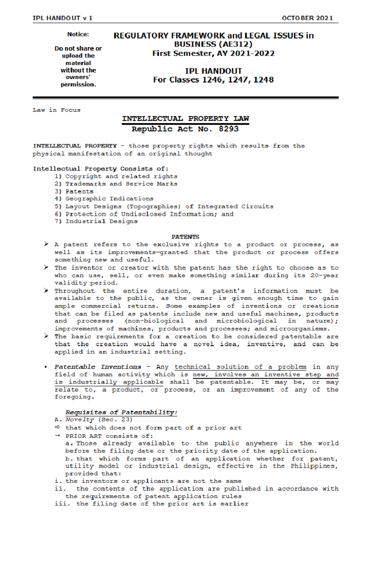 Intellectual prop law - Regulatory Framework in Business Transaction ...