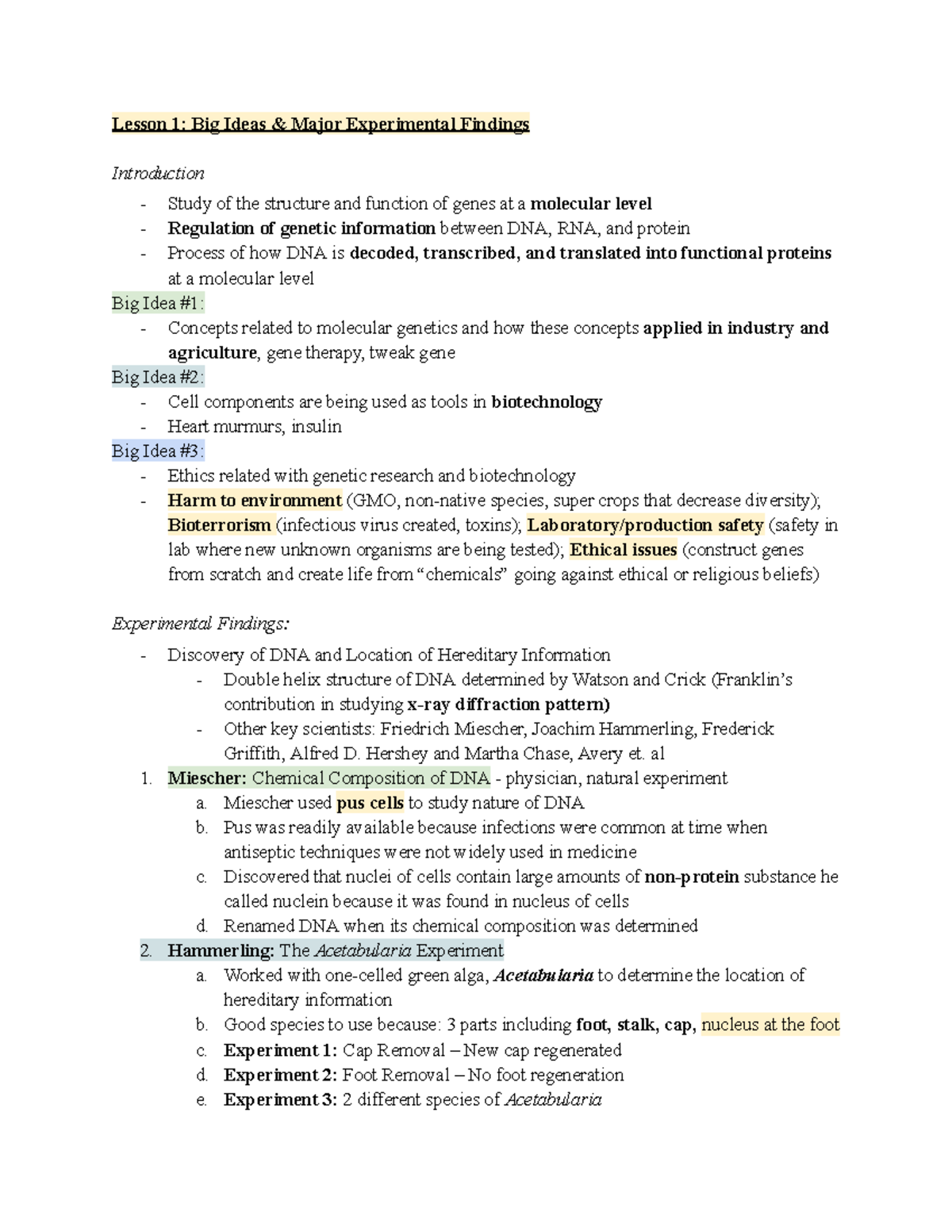 SBI4U Molecular Genetics Notes - Lesson 1: Big Ideas & Major ...