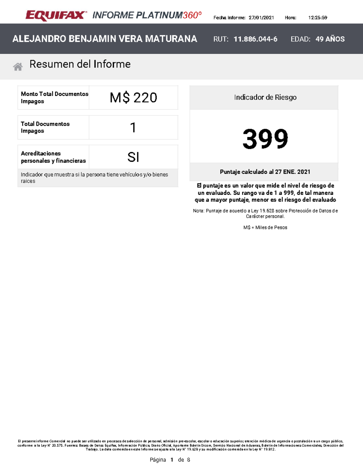 Informe Dicom 2016 - Fecha Informe: Hora: ALEJANDRO BENJAMIN VERA MATURANA RUT: 11.886-6 EDAD ...