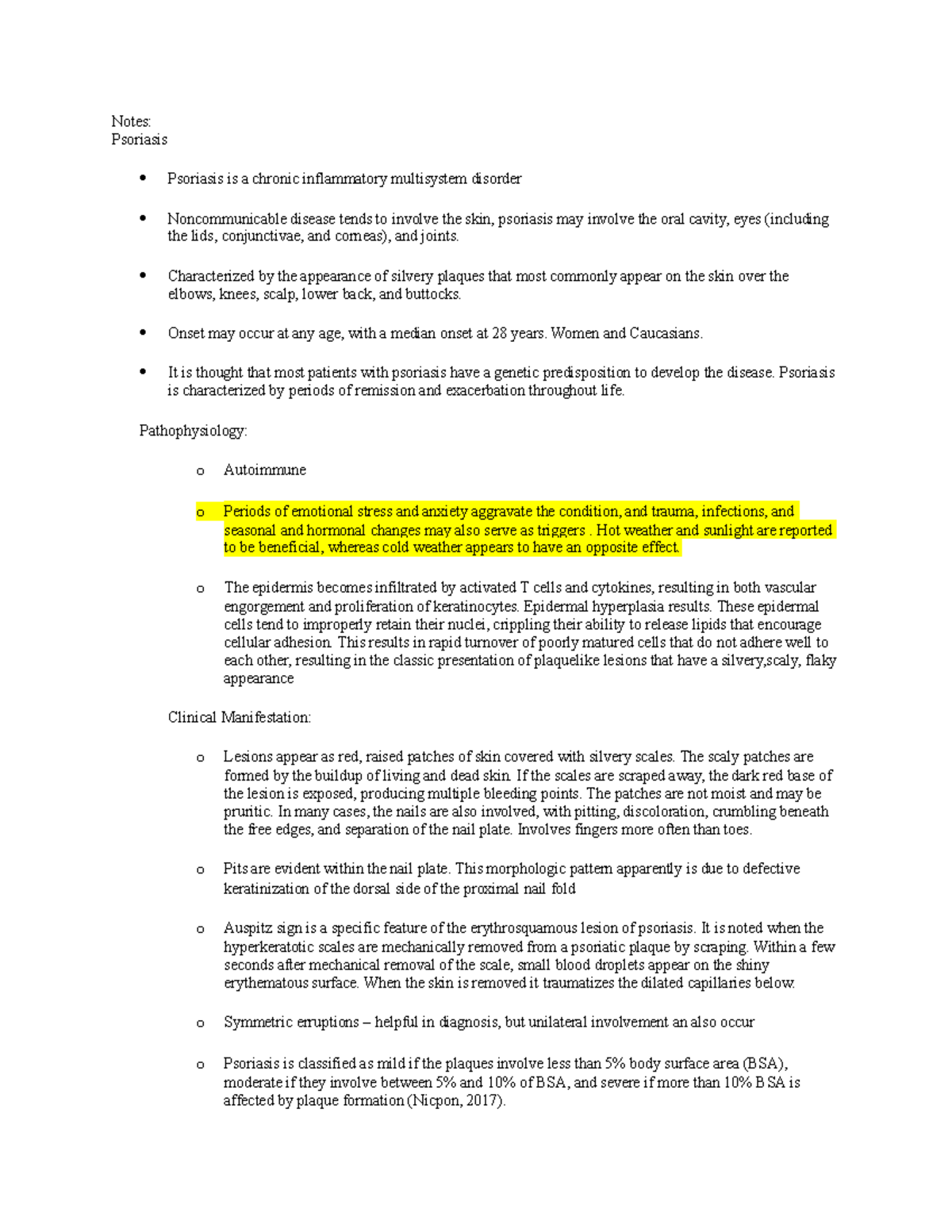 Integ Notes - Notes: Psoriasis Psoriasis is a chronic inflammatory ...