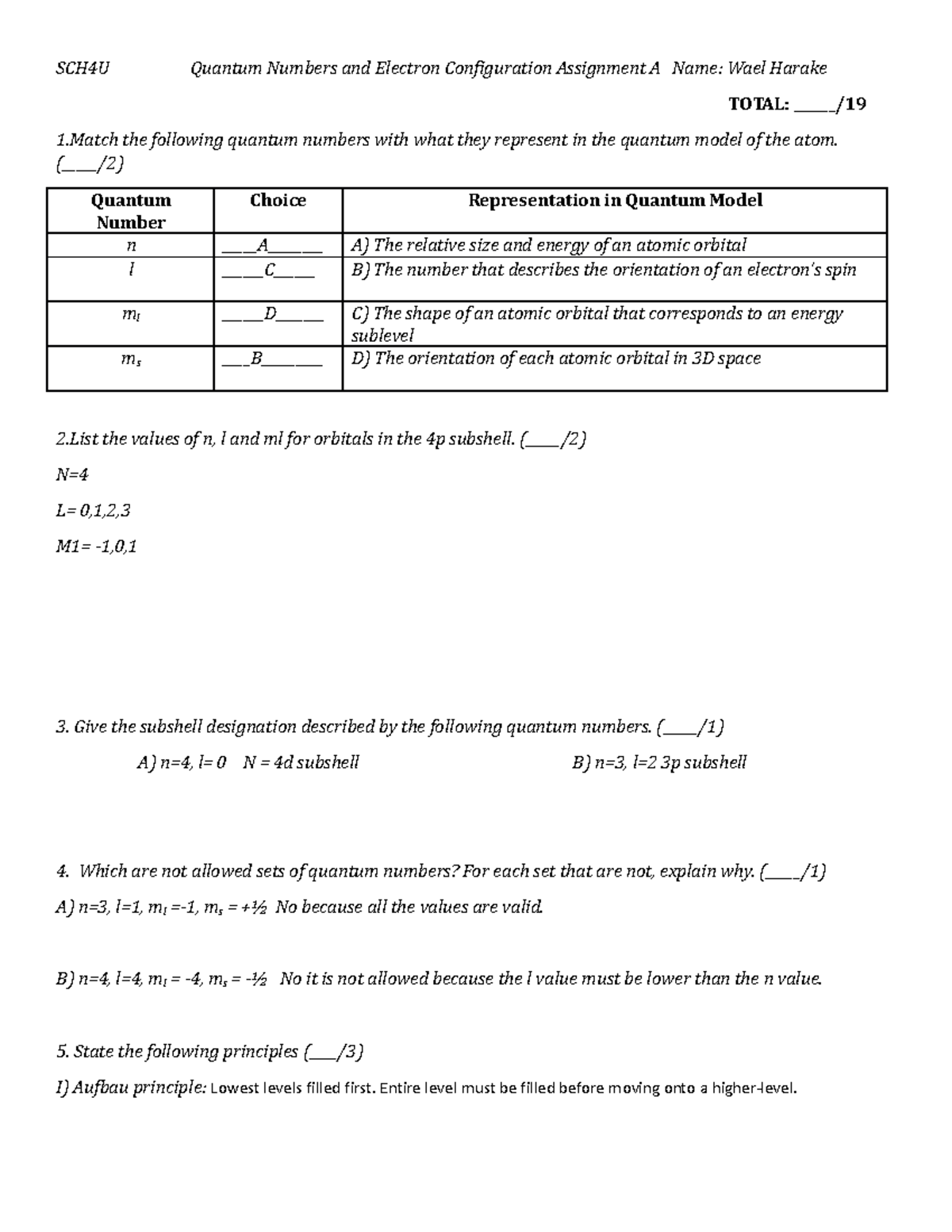 Proper One Quantum Numbers and Electron Configuration Assignment A ...