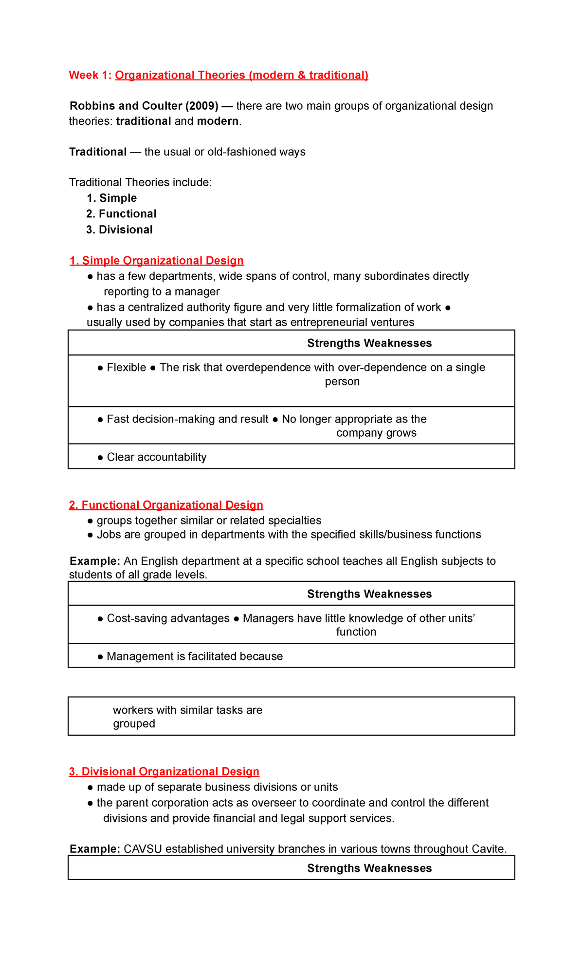 Orgman reviewer - Week 1: Organizational Theories (modern & traditional ...