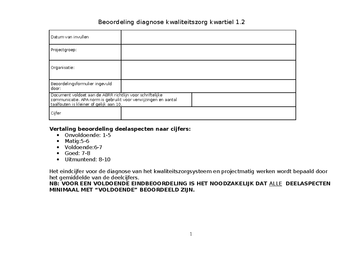 Beoordelingsformulier project - Beoordeling diagnose kwaliteitszorg ...